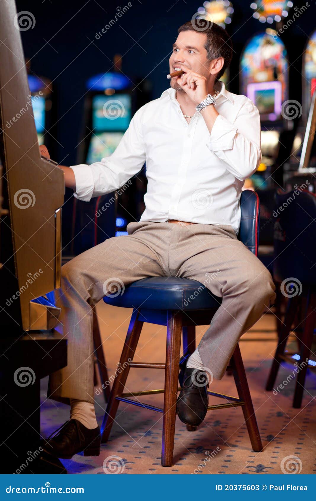 Men with Cuban Cigar Playing the Slot Machine Stock Image - Image of ...