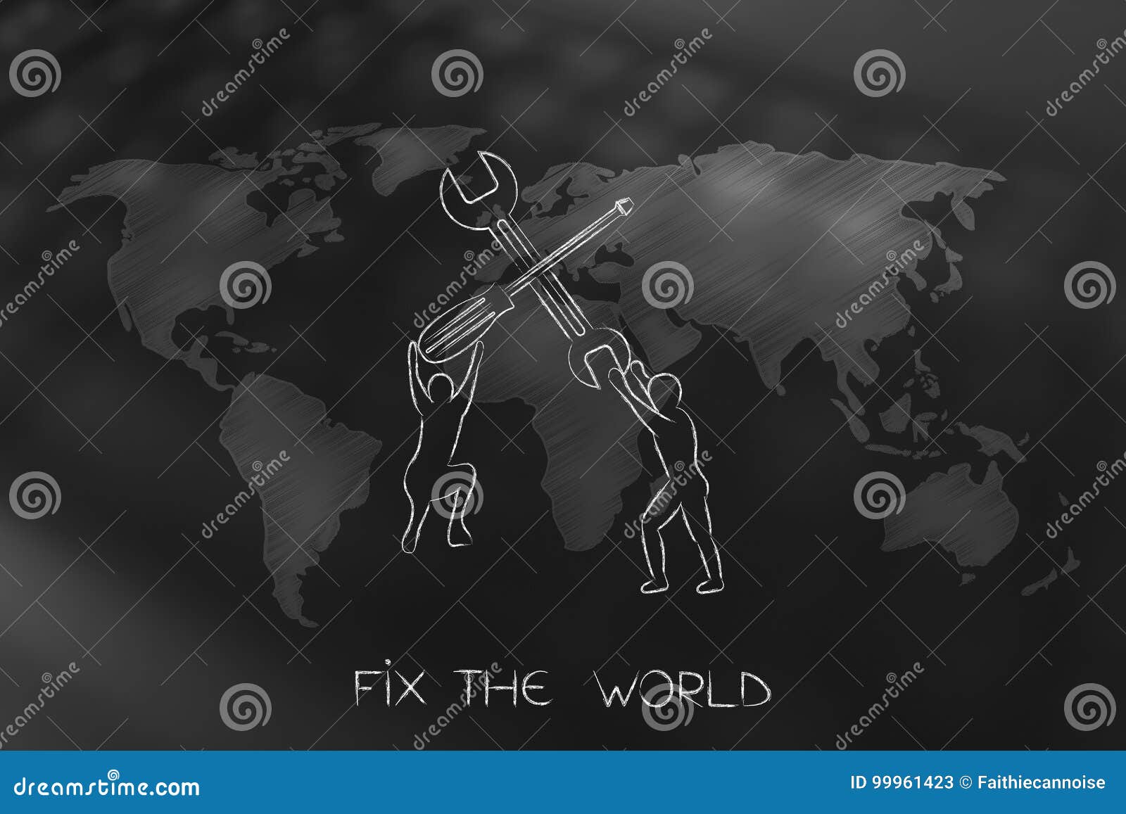 Men with DIY Tools in Front of Map Fix the World Stock Illustration ...