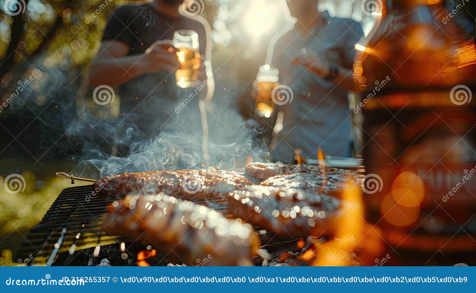 Men Drink Beer in Nature and Grill Barbecue. Selective Focus Stock ...