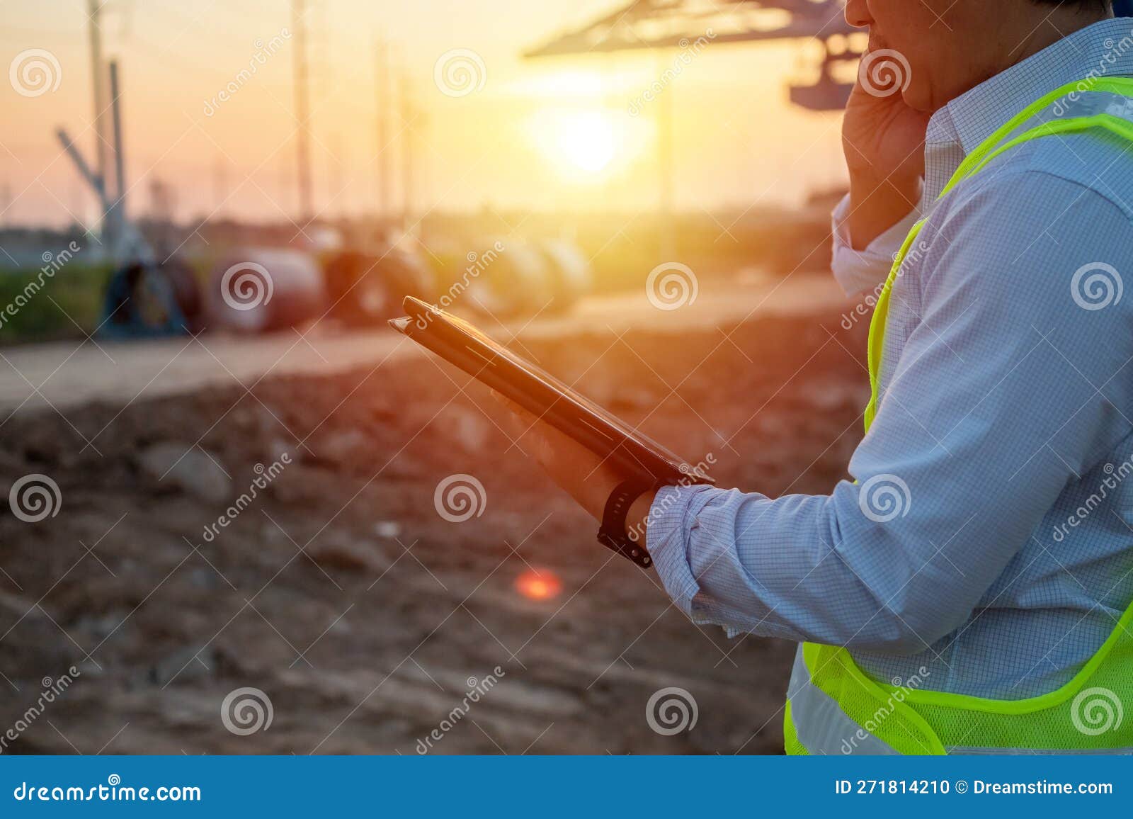 Men Engineer Using Mobile Phone and Holding Tablet for Inspecting and ...