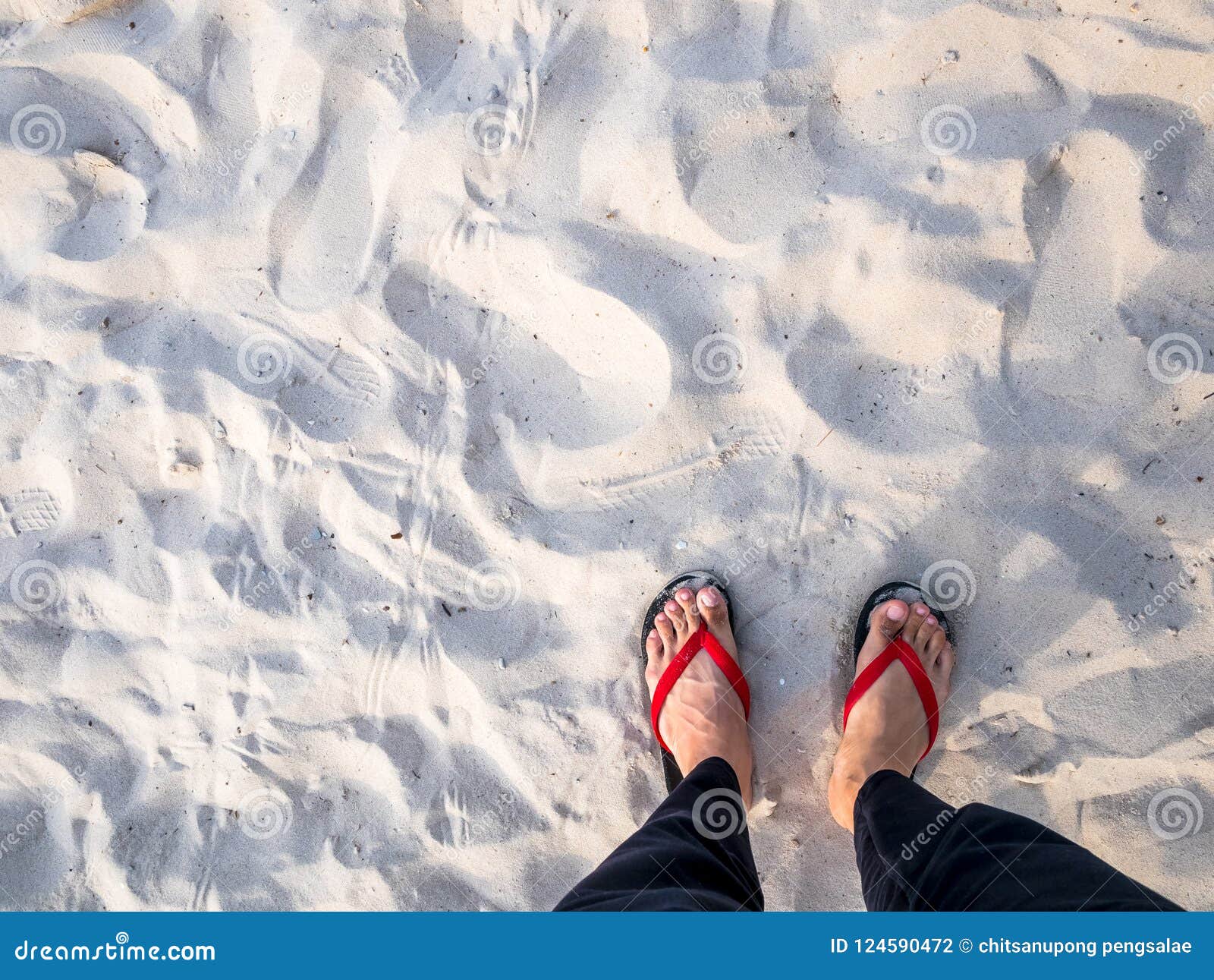 Men Feet on the Beautiful Beach Top View.Copy-space for Editor. Stock ...