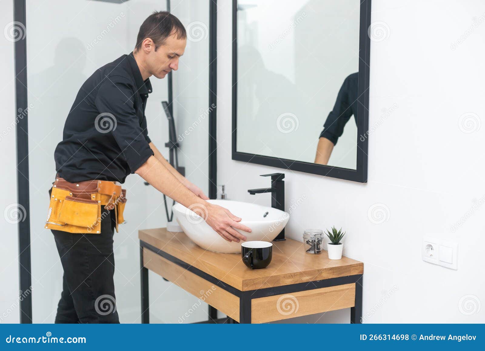 Men Fixing a Sink in Bathroom Stock Photo - Image of mechanic, pipe ...