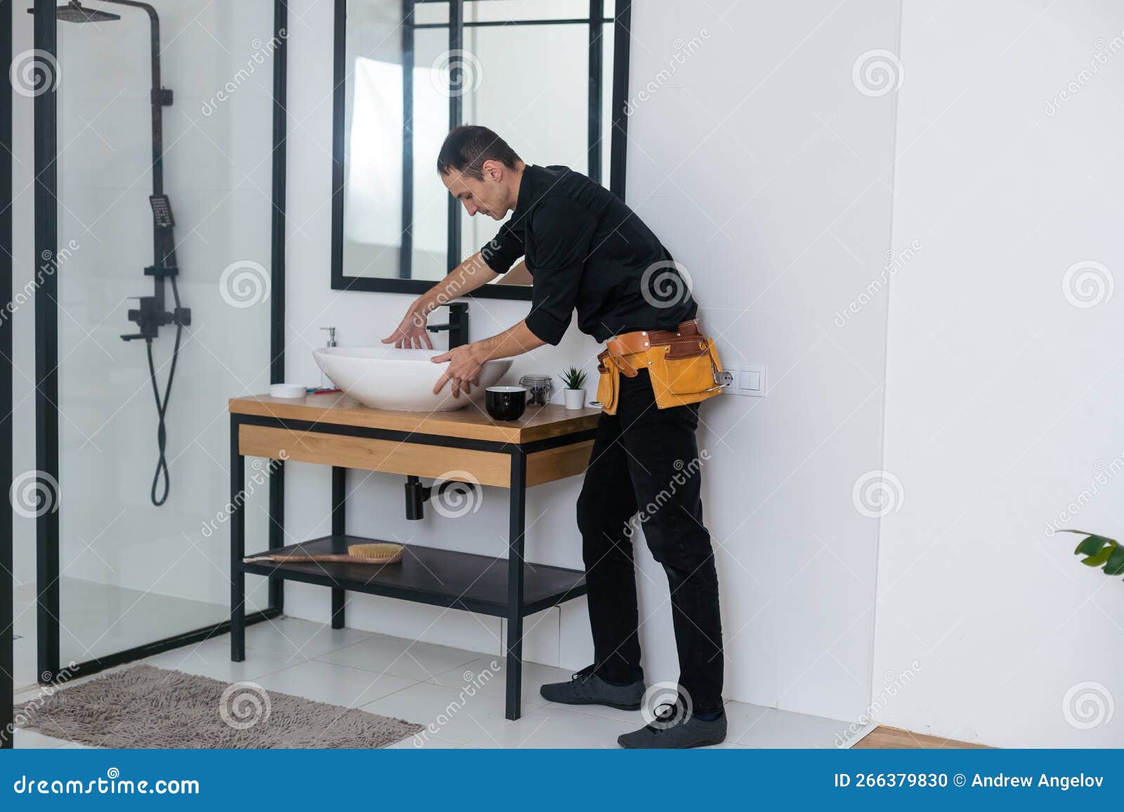 Men Fixing a Sink in Bathroom Stock Photo - Image of work, repair ...