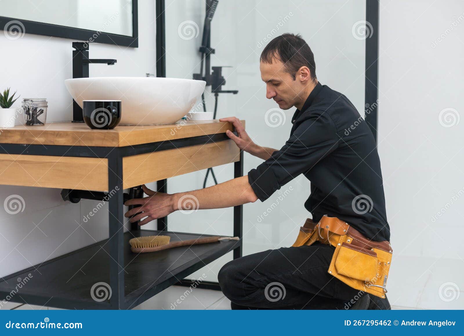 Men Fixing a Sink in Bathroom Stock Photo - Image of installation ...
