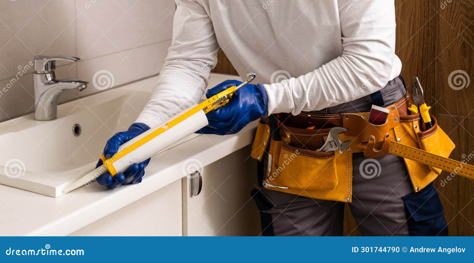 Men Fixing a Sink in Bathroom Stock Photo - Image of joining, bathroom ...