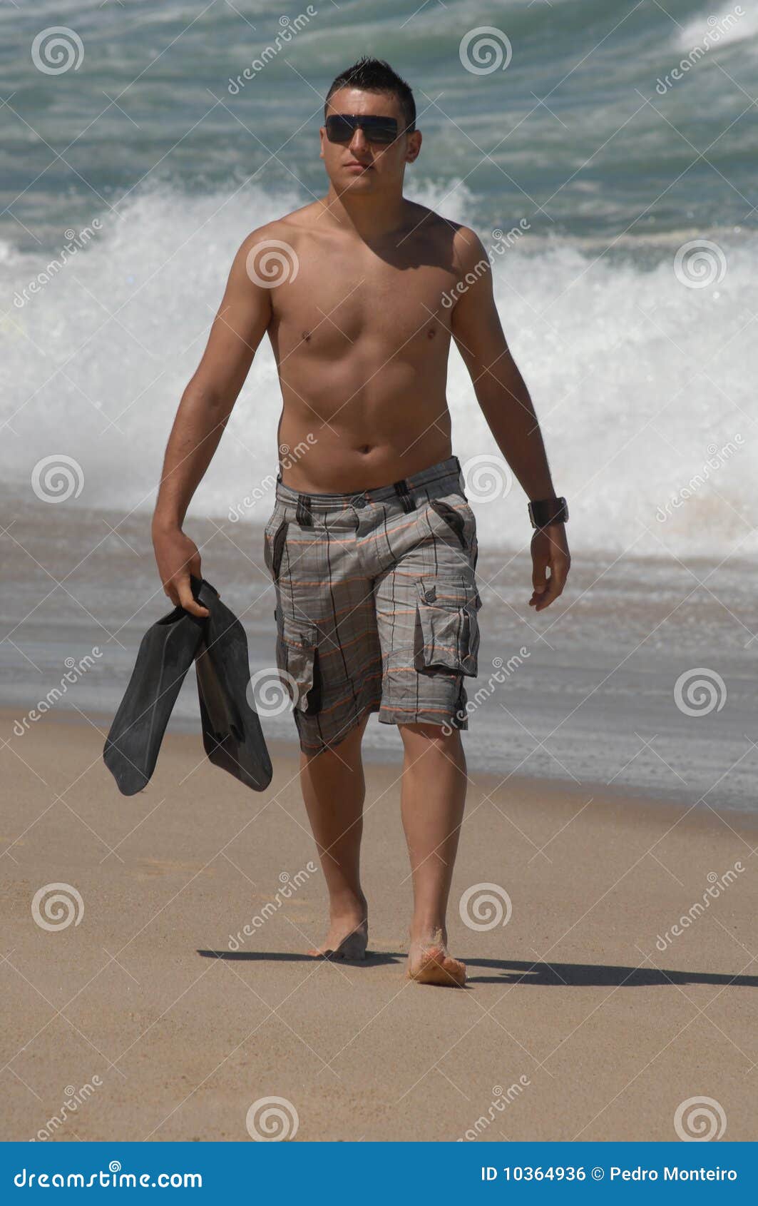 Men with Flippers Looking the Sea Stock Photo - Image of summer, body ...