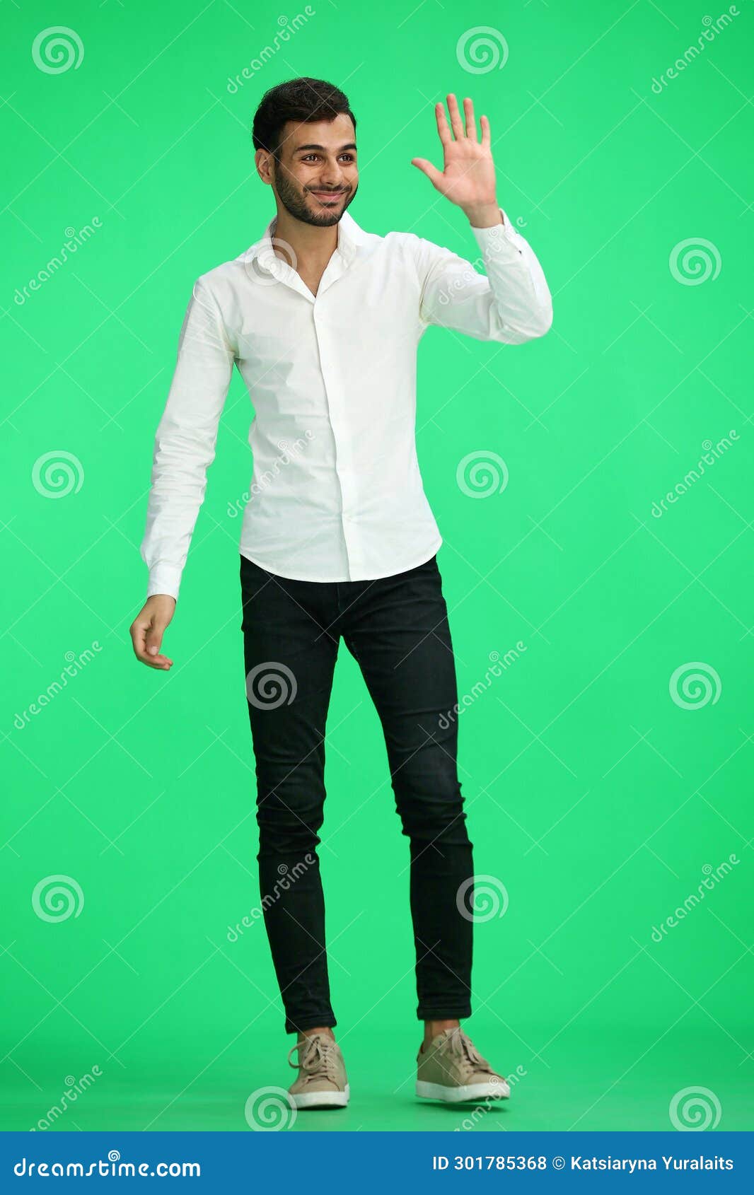 Men on Green Background in White Shirt Waves Hello Stock Photo - Image ...