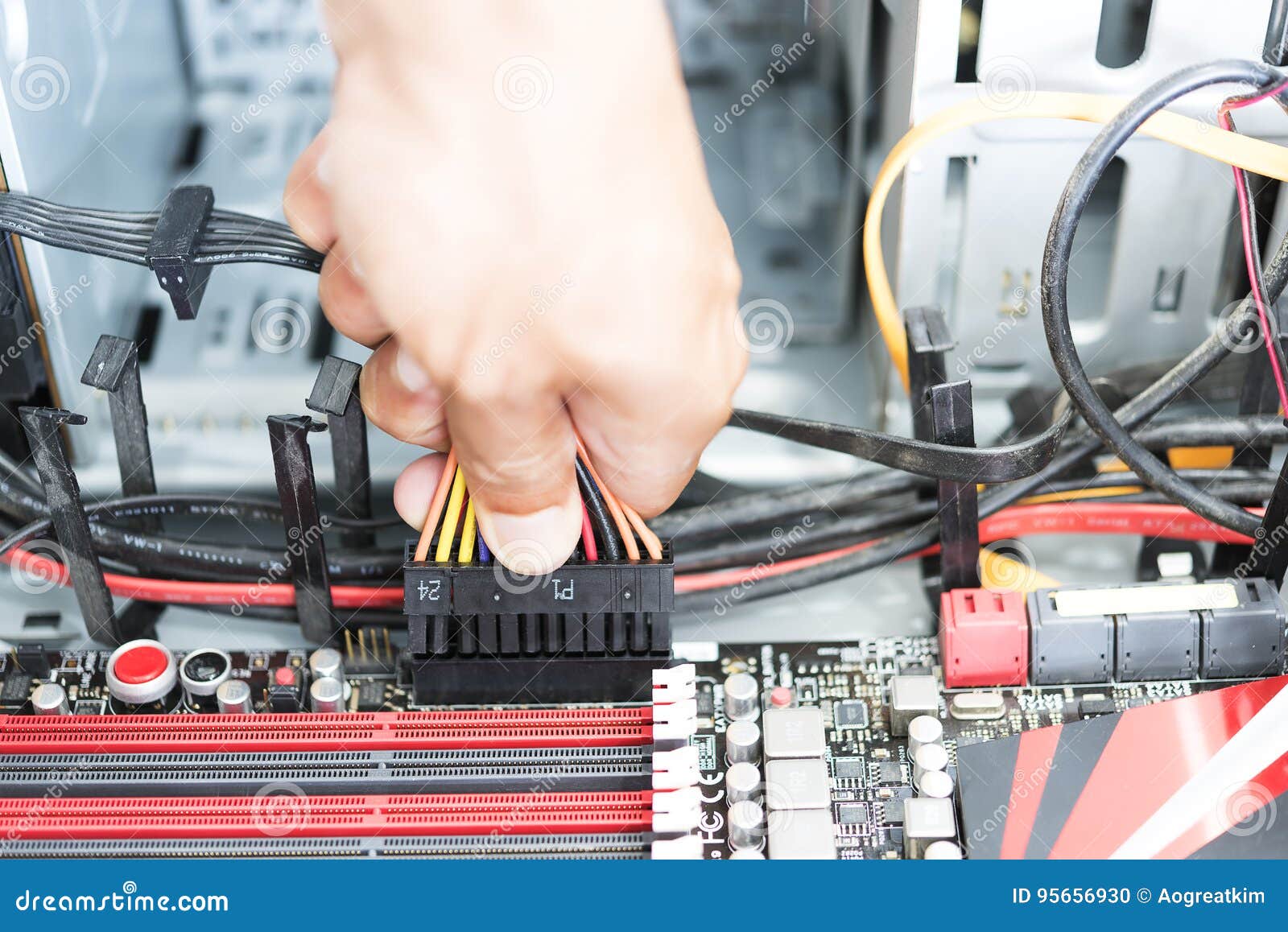 Men Hand Hold Connect Power Plug and Cable To Power Conection on Stock ...