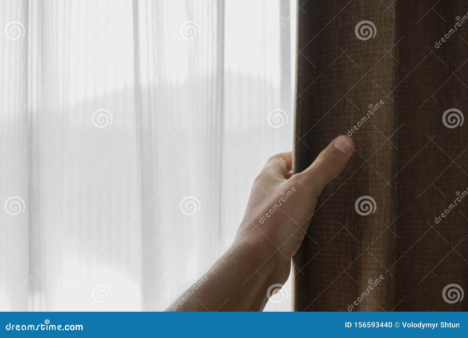 Men Hand Opening Curtain in Bed Room. Stock Photo - Image of interior ...