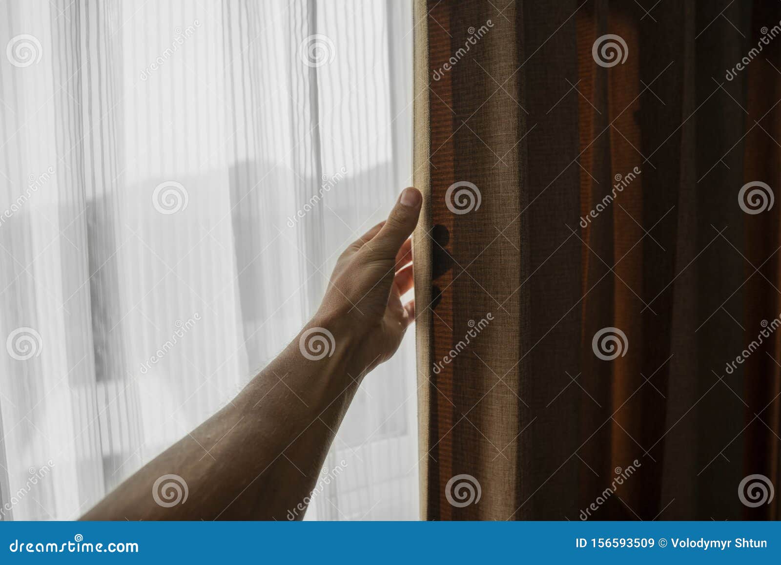 Men Hand Opening Curtain in Bed Room. Stock Image - Image of bright ...