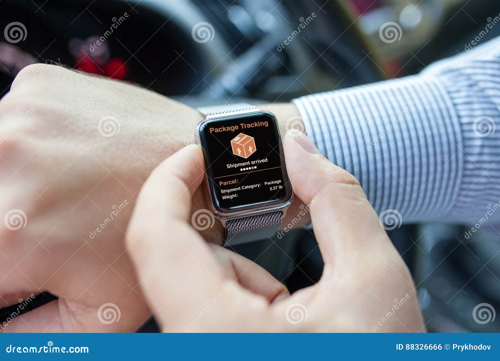 Men Hands Smart Touch Watch with App Tracking Delivery Package Stock ...