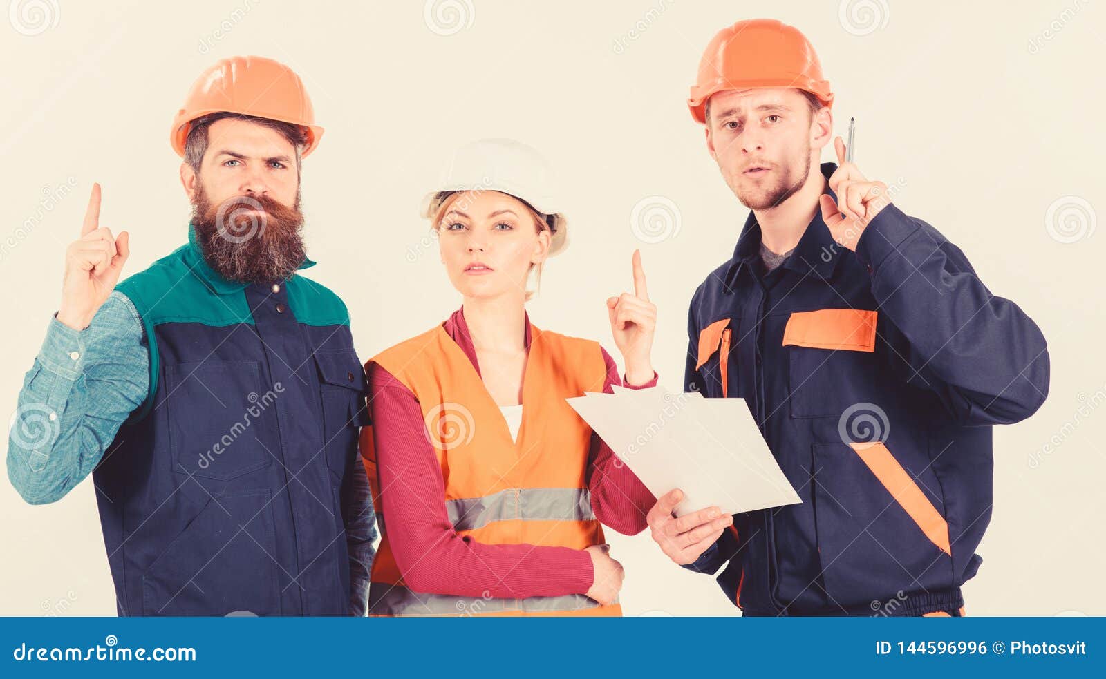 Men in Hard Hats, Uniform and Woman. Solving Problems Concept Stock ...