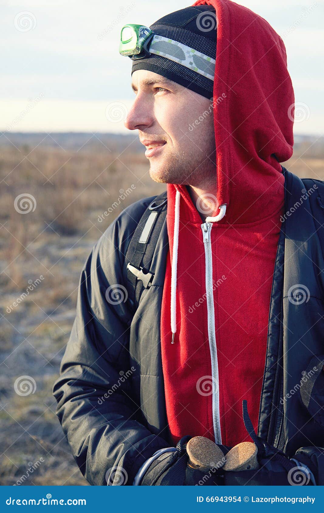 Men Hiker Portrait with Headlamp Stock Photo - Image of energy, cold ...
