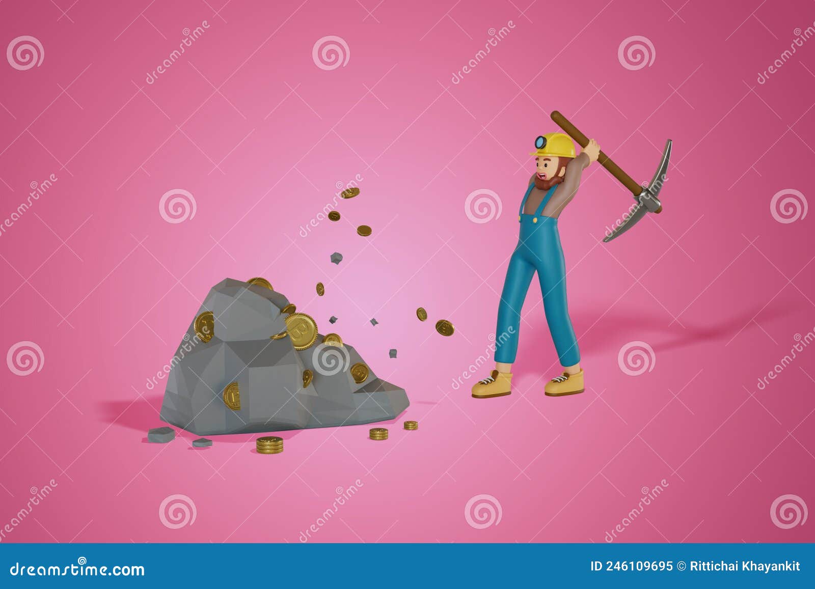 Men Holding Pickaxe Crypto Coin Mining on Rocks 3D, Render ...