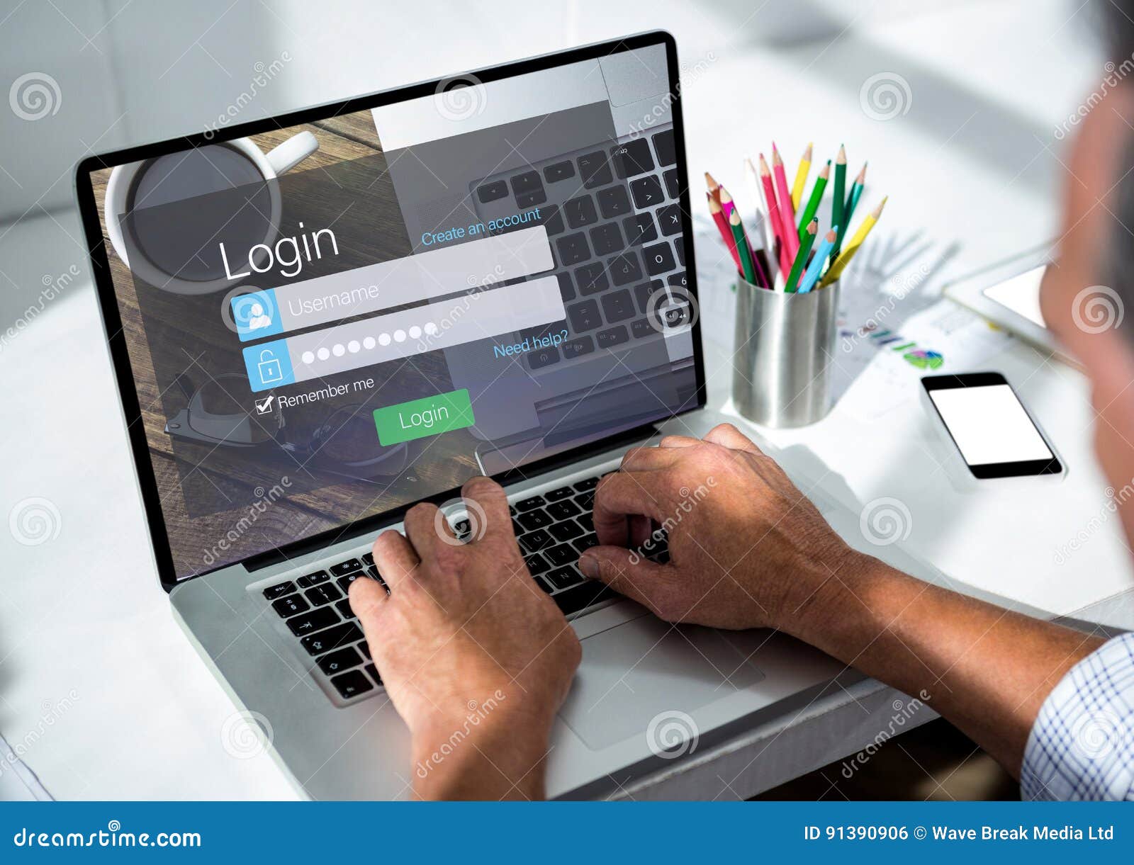 Men with Laptop on the Desk. Screen with Login Stock Photo - Image of ...