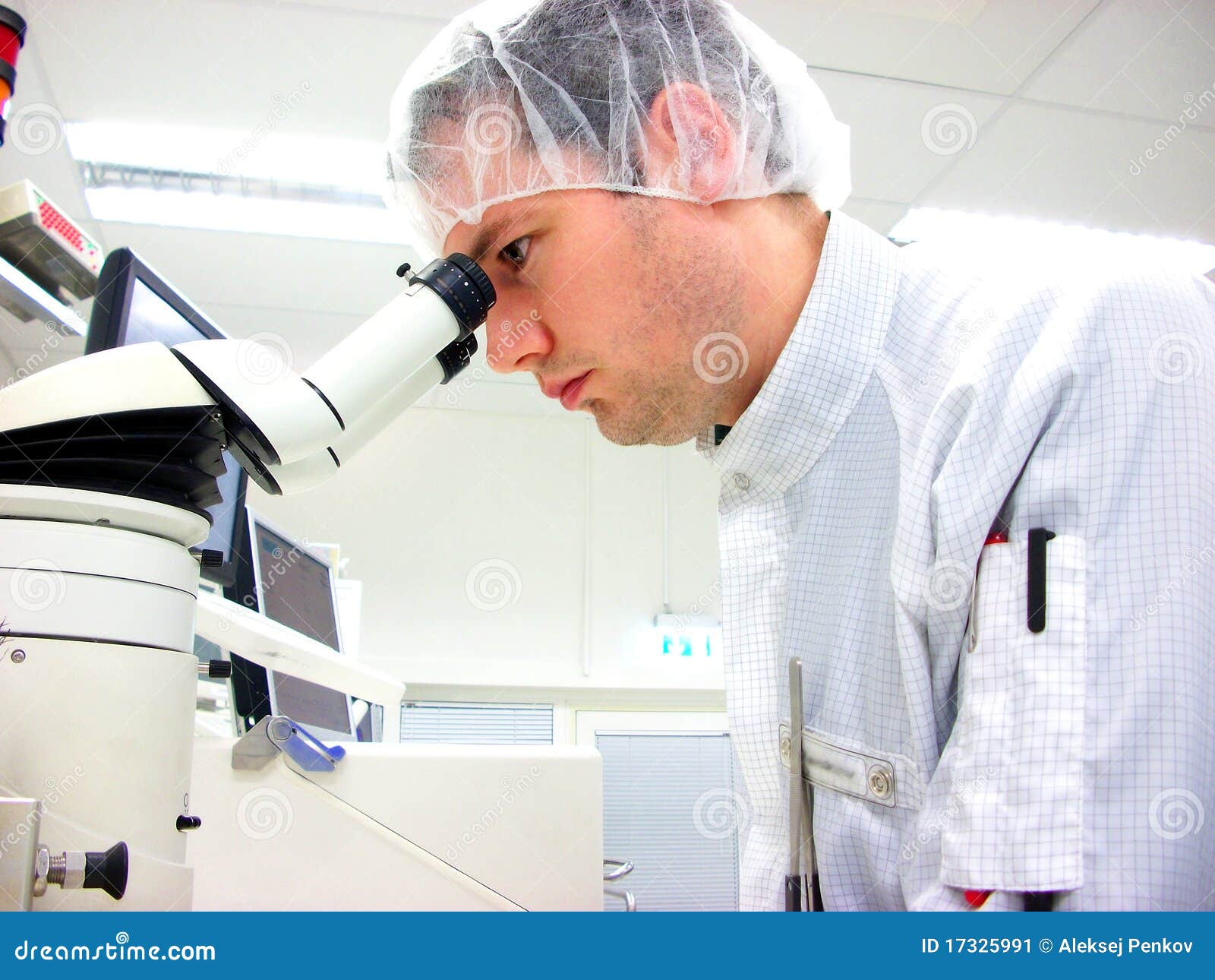 The Men Looks in Stereomicroscope Stock Image - Image of optical ...