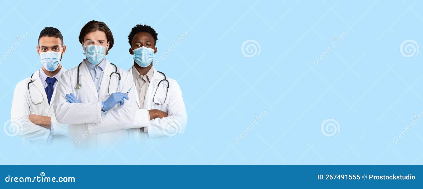 Men in Medical Face Masks Doctors Posing on Blue Stock Image - Image of ...