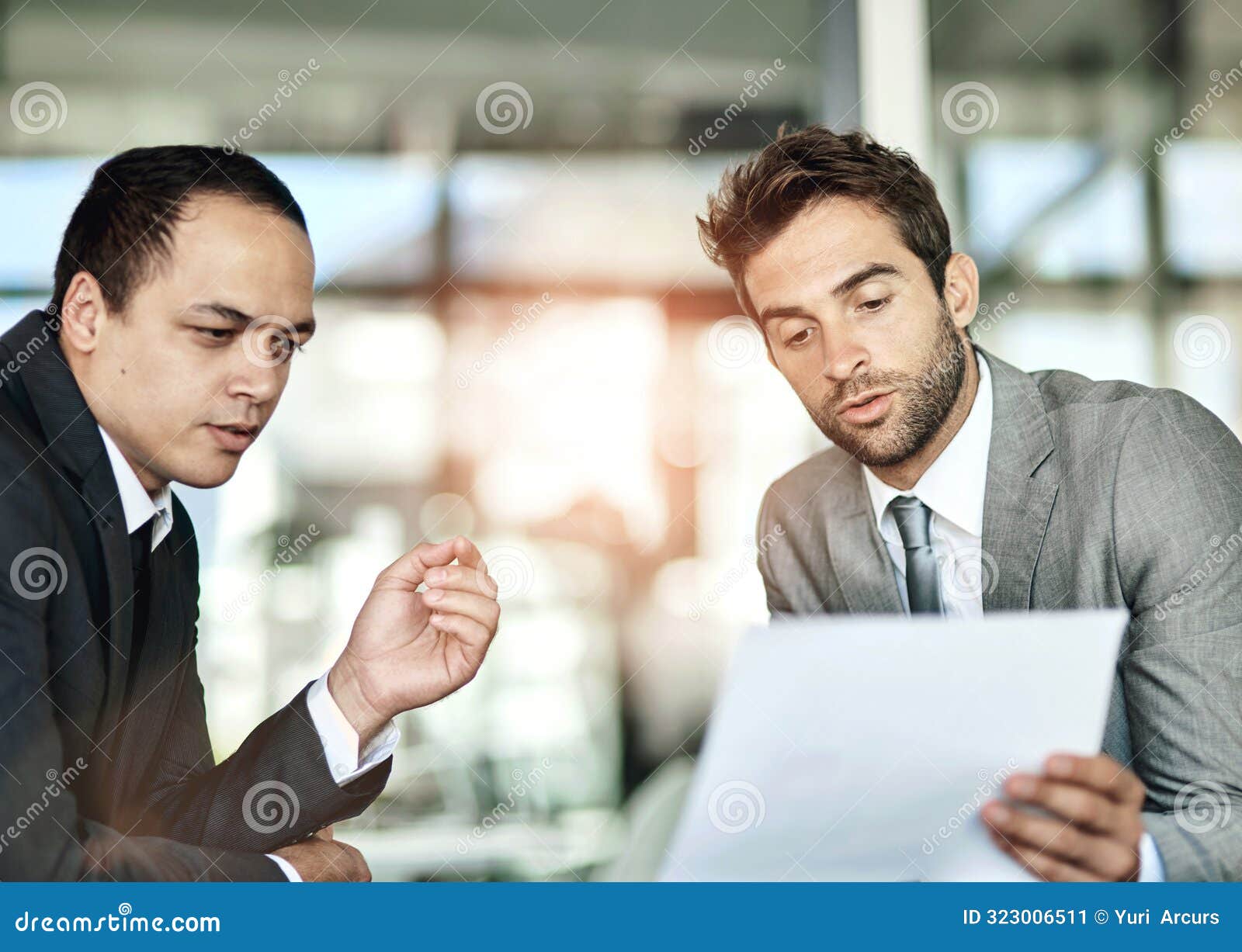 Men, Partner and Explain in Office with Paper or Document As Contract ...