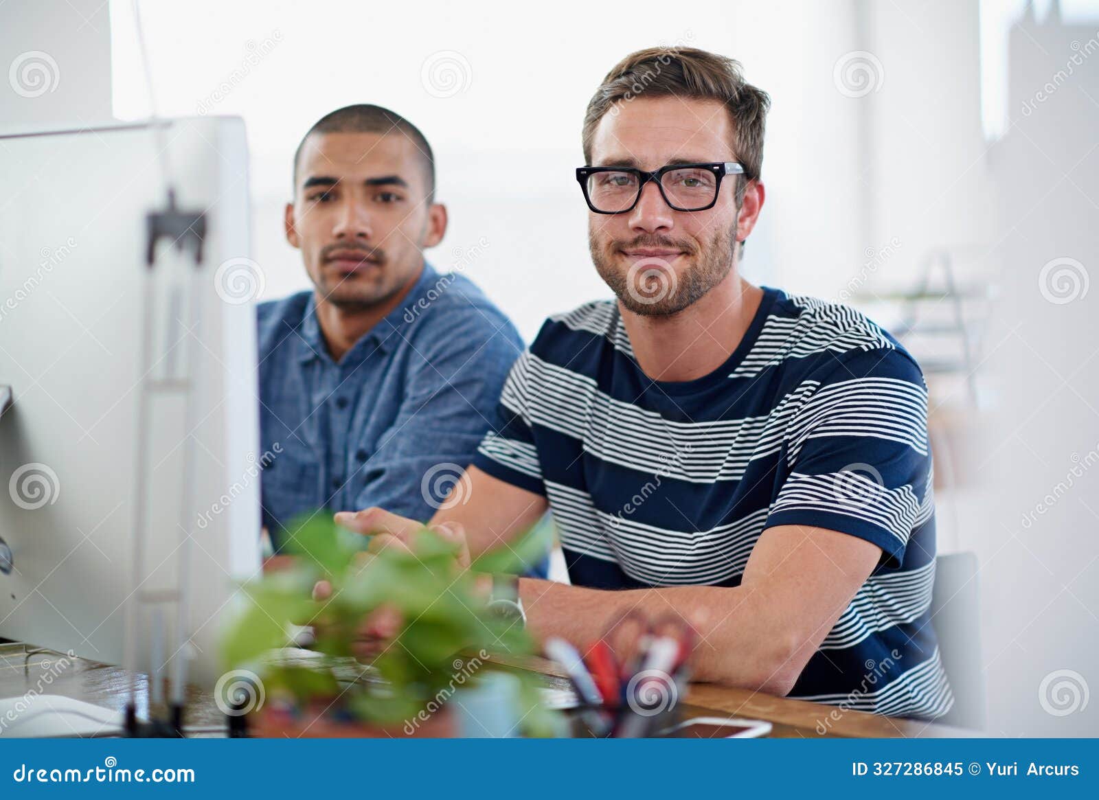 Men, Portrait and Collaboration on Computer in Office for Creative ...