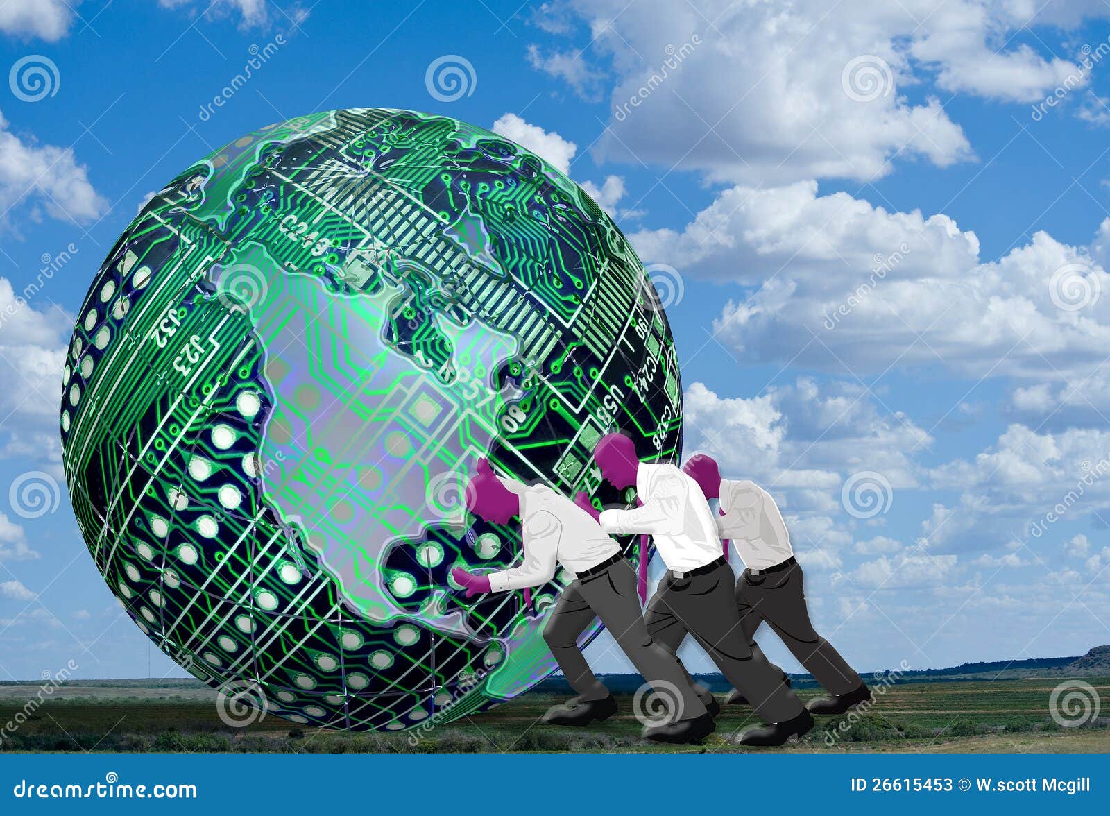 Men Pushing Technology Globe Stock Illustration - Illustration of group ...