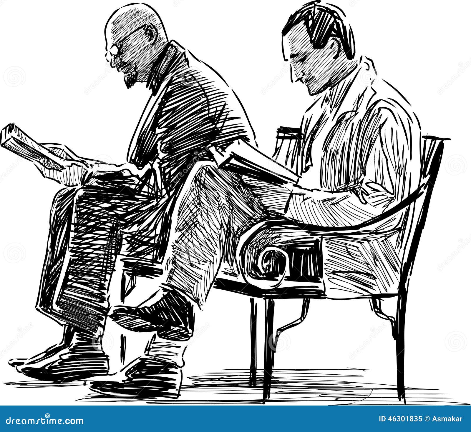 Men reading stock vector. Illustration of sketch, bench - 46301835