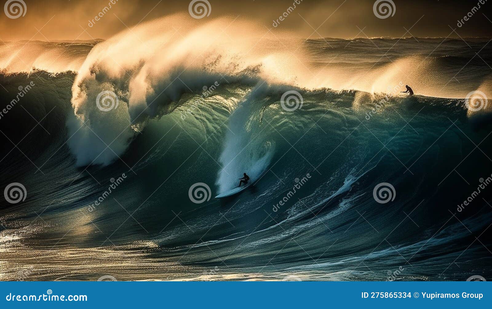 Men Ride Majestic Pipeline Wave, Spraying Liquid Generated by AI Stock ...