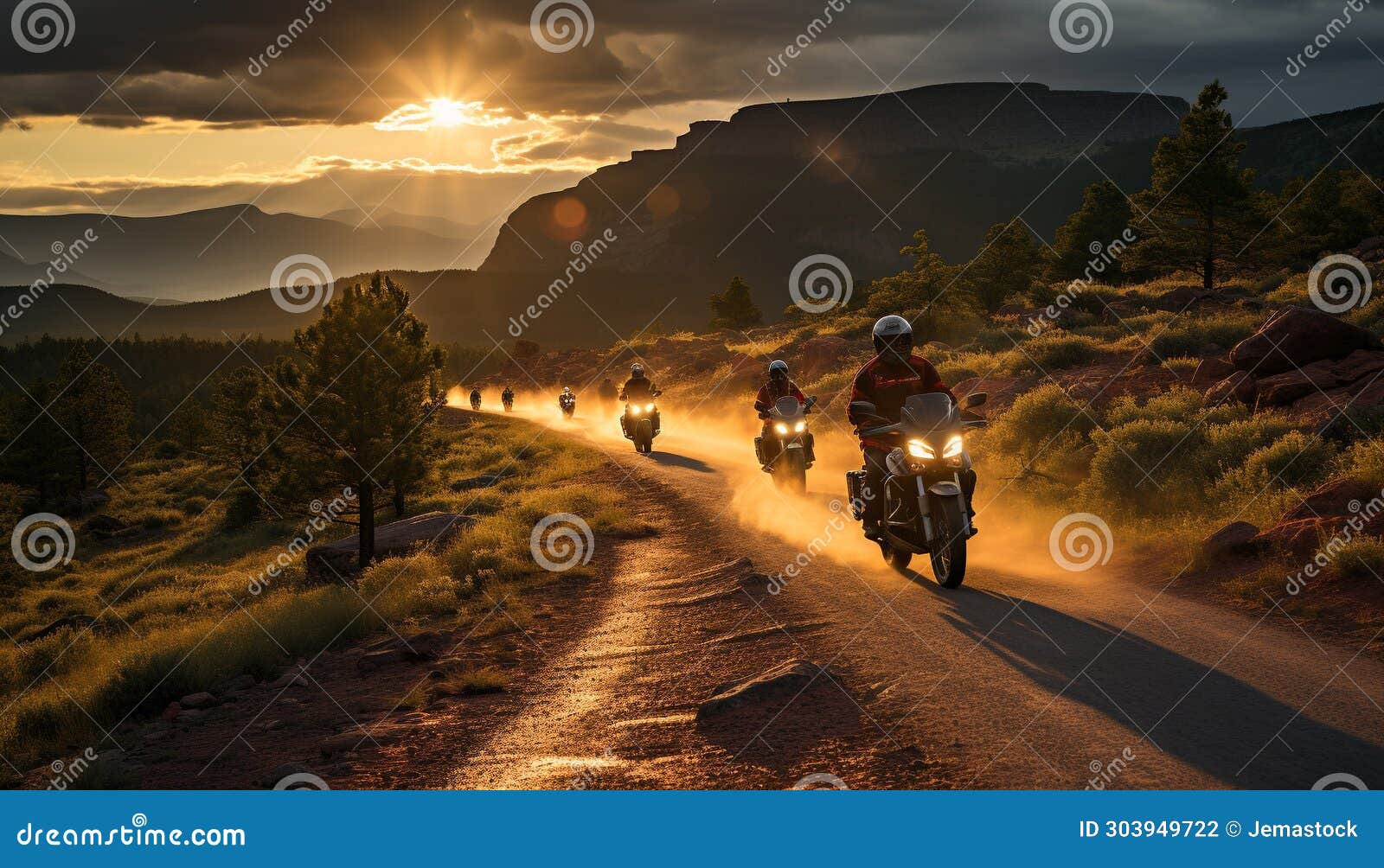 Men Riding Motorcycles through Mountain Range at Sunset, an Adventurous ...