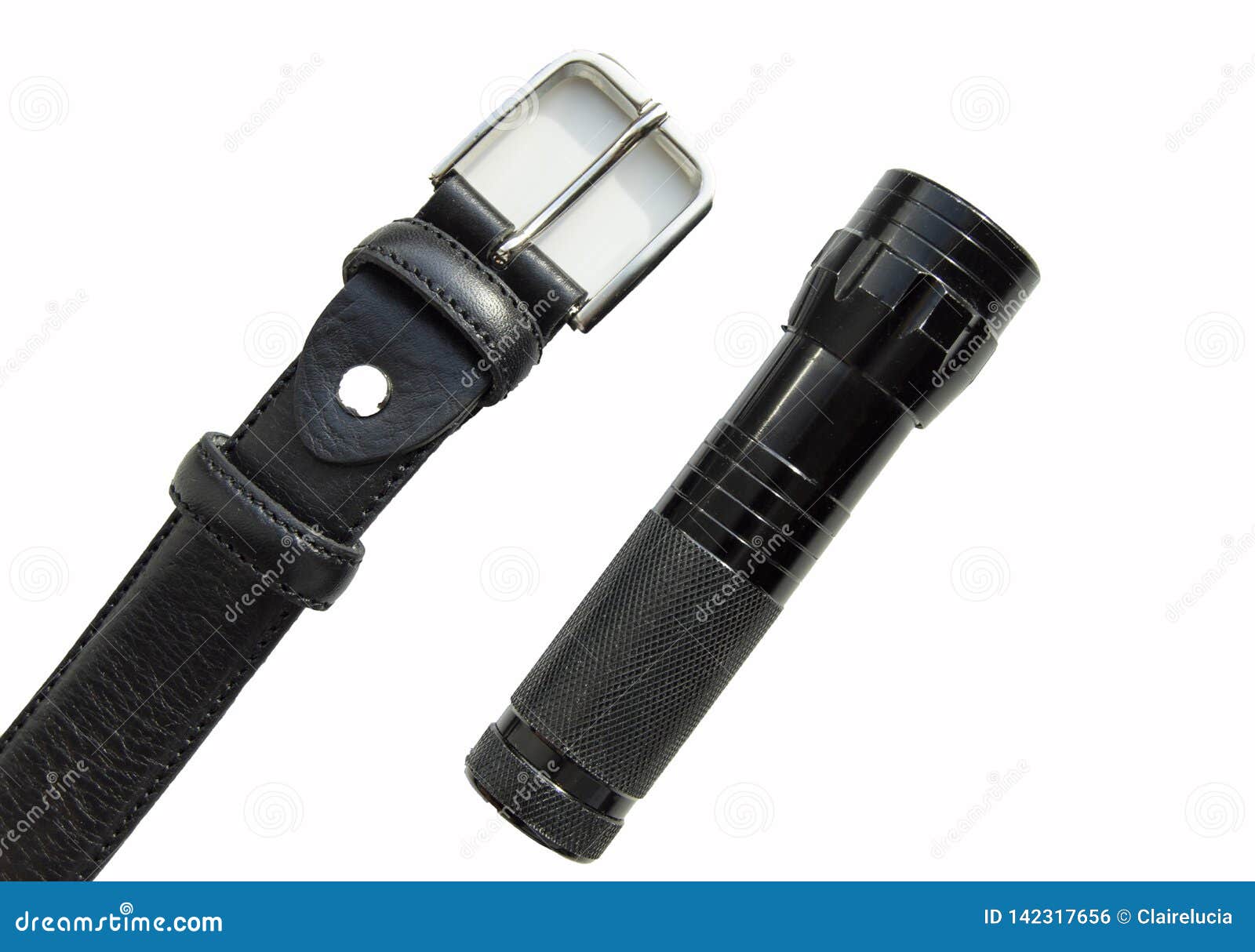 Men`s Accessories Black Leather Strap and Flashlight Isolated on White ...