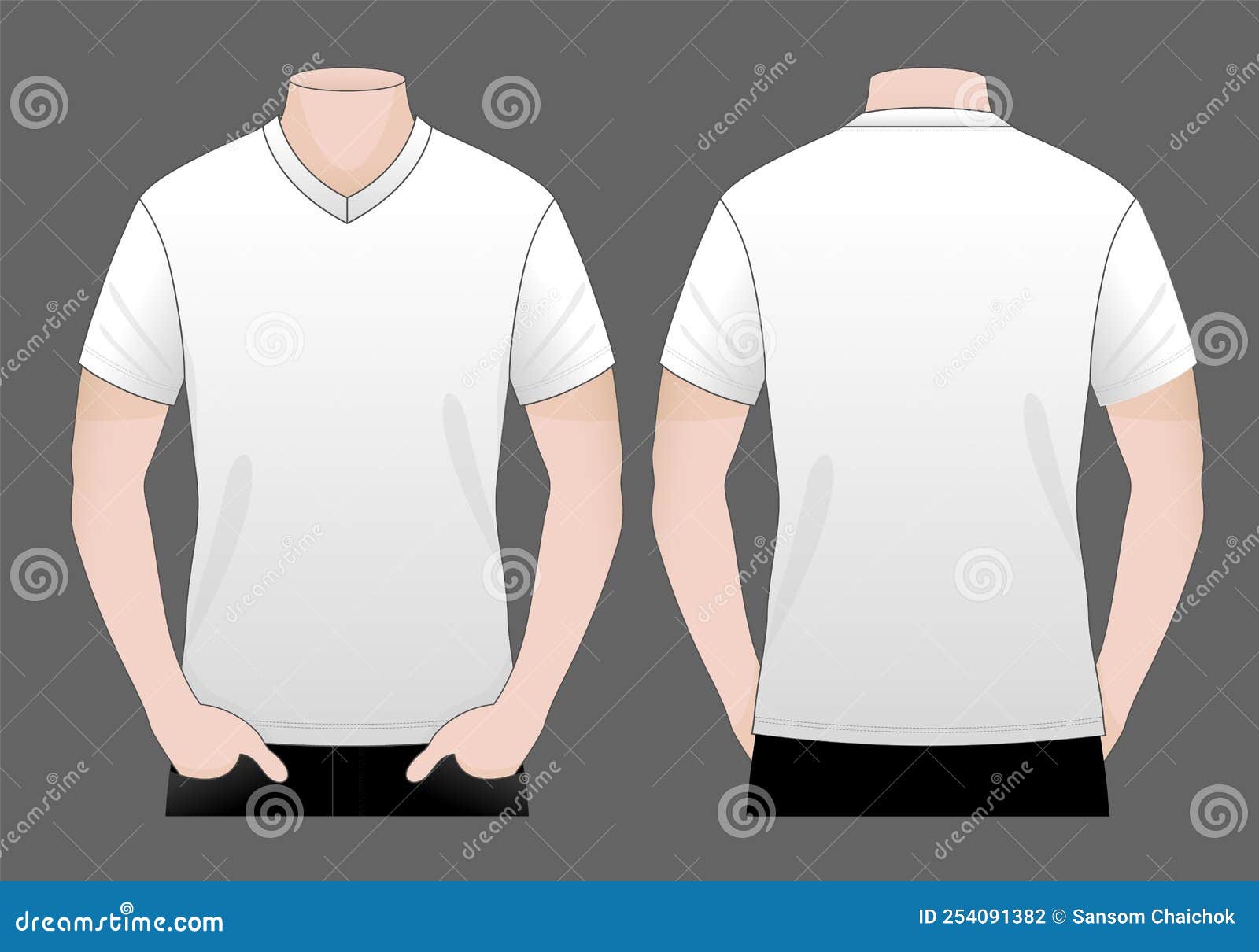 Men`s Blank White Short Sleeves V Neck T Shirt Template Stock