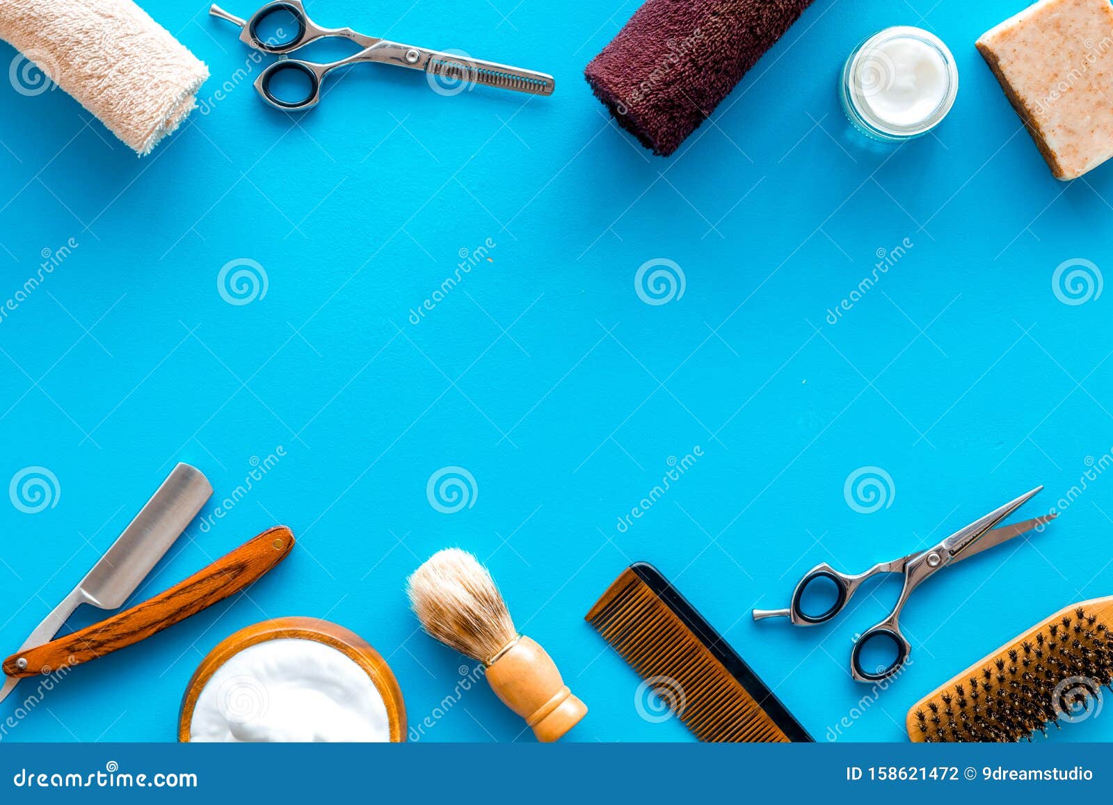 Men`s Shaving and Hairdressing Background on Blue Top View Space for ...