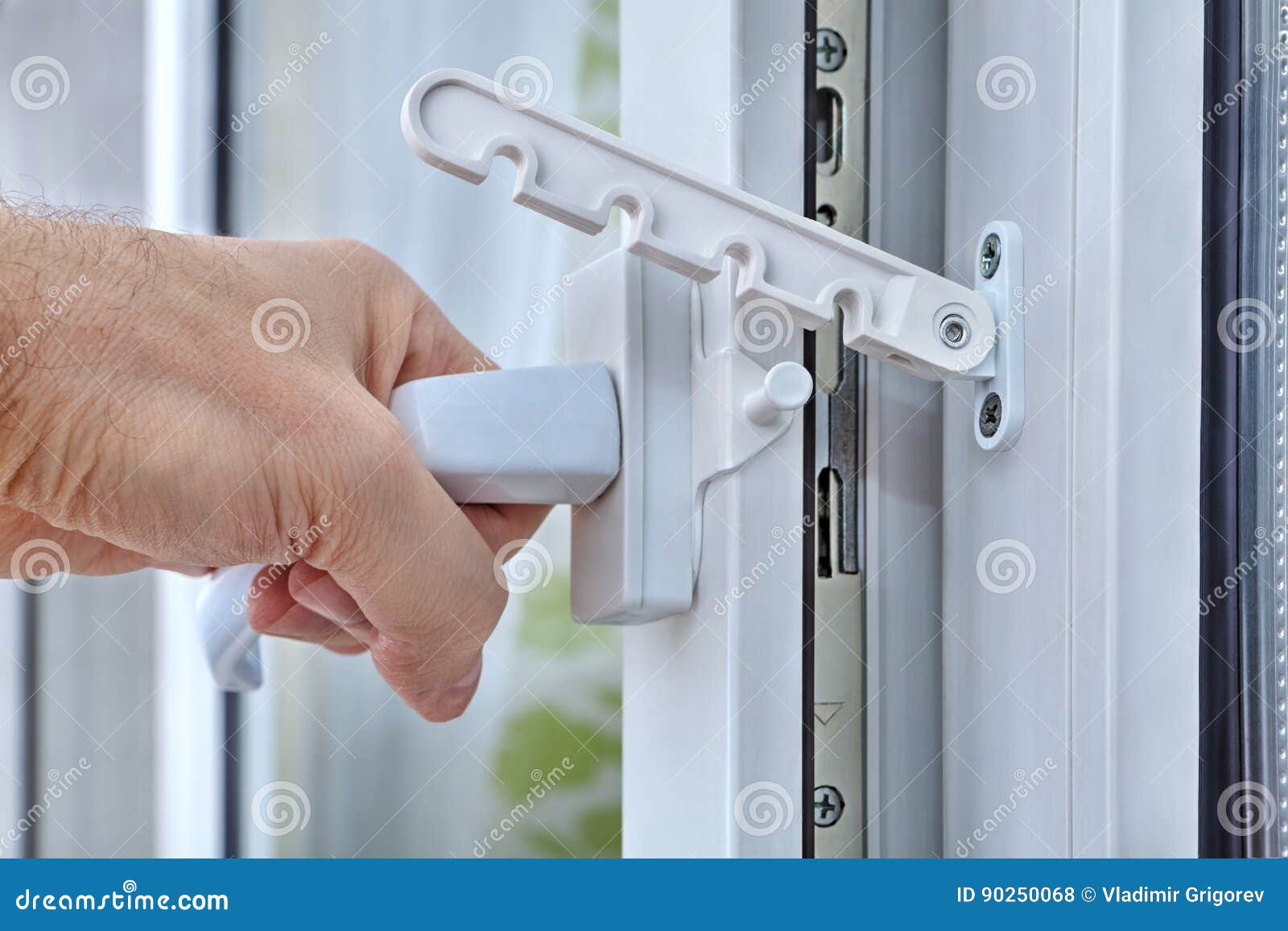 Men`s Hand Opens a Plastic Window with Stop Turning. Stock Photo ...
