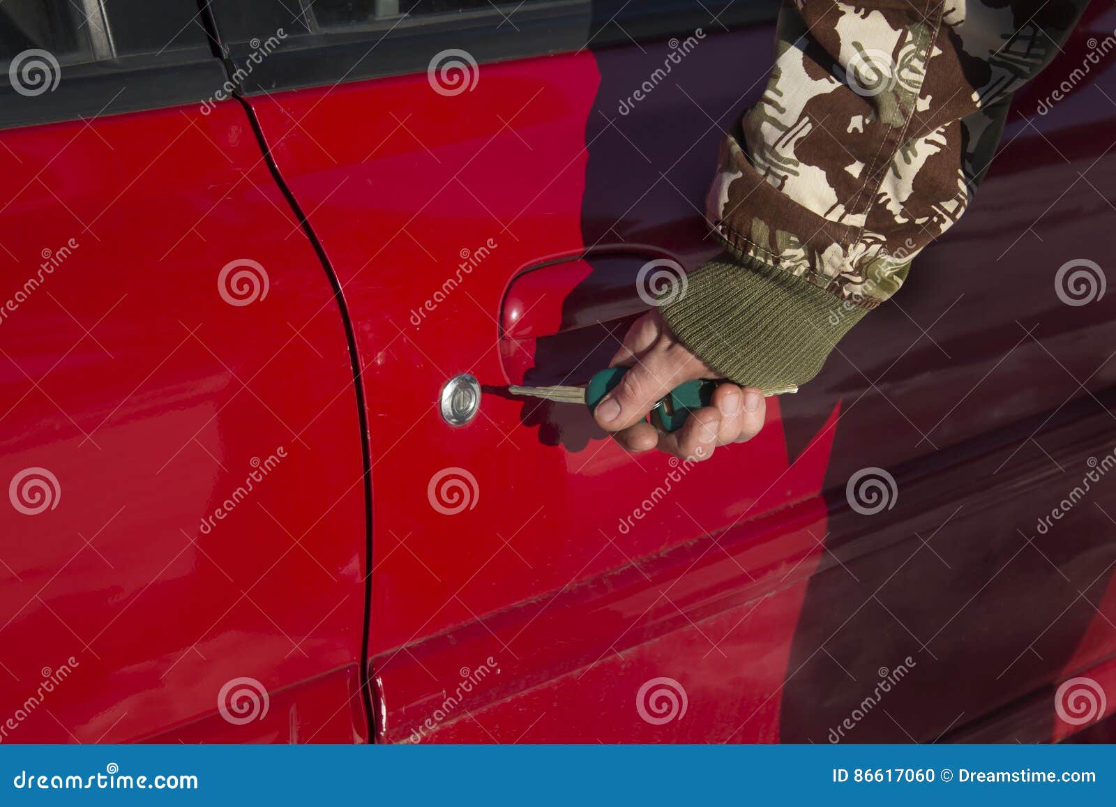 Men`s Hand Puts the Key into the Lock of the Car Stock Photo - Image of ...