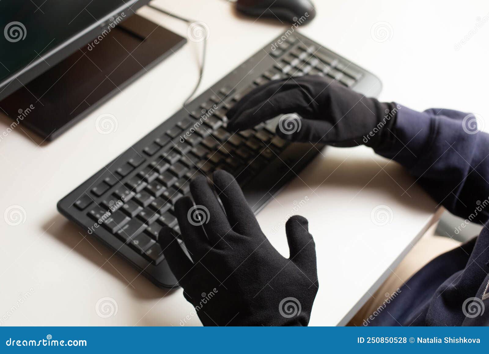 Men`s Hands in Black Gloves Type on a Computer Keyboard. the Topic of ...