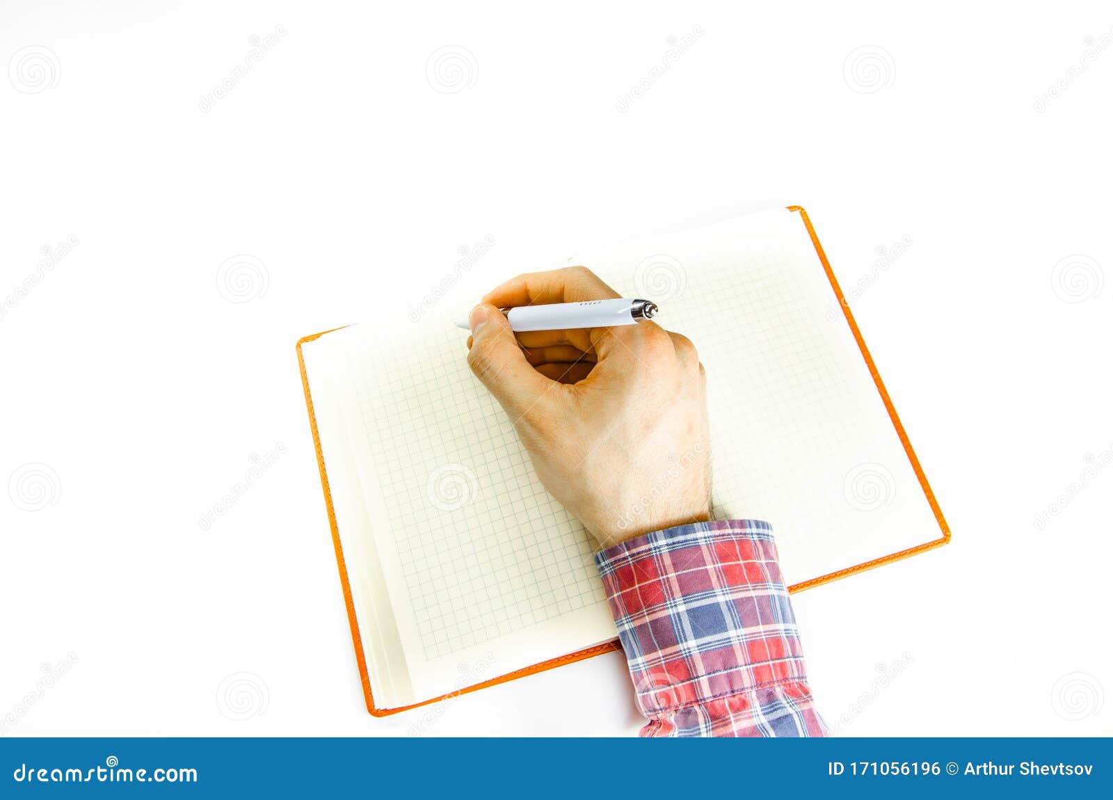 Men`s Hands, Forearm Hold a Pen, Notebook, Smartphone. Hands Write in ...