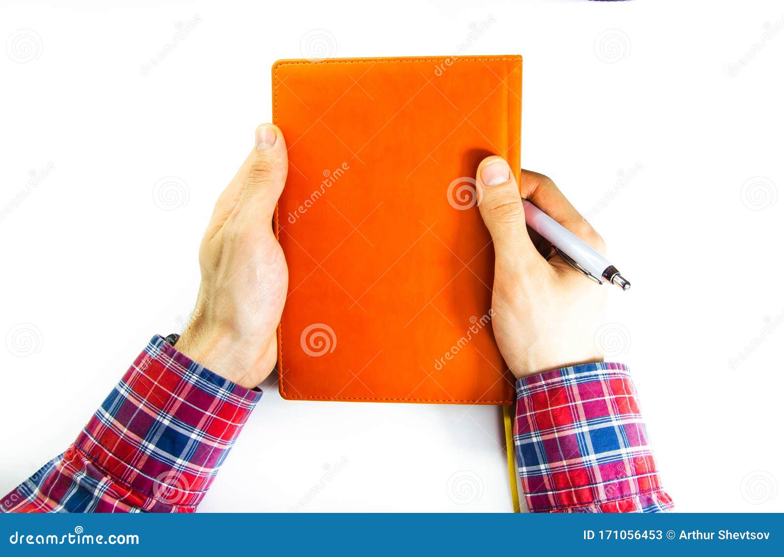 Men`s Hands, Forearm Hold a Pen, Notebook, Smartphone. Hands Write in ...