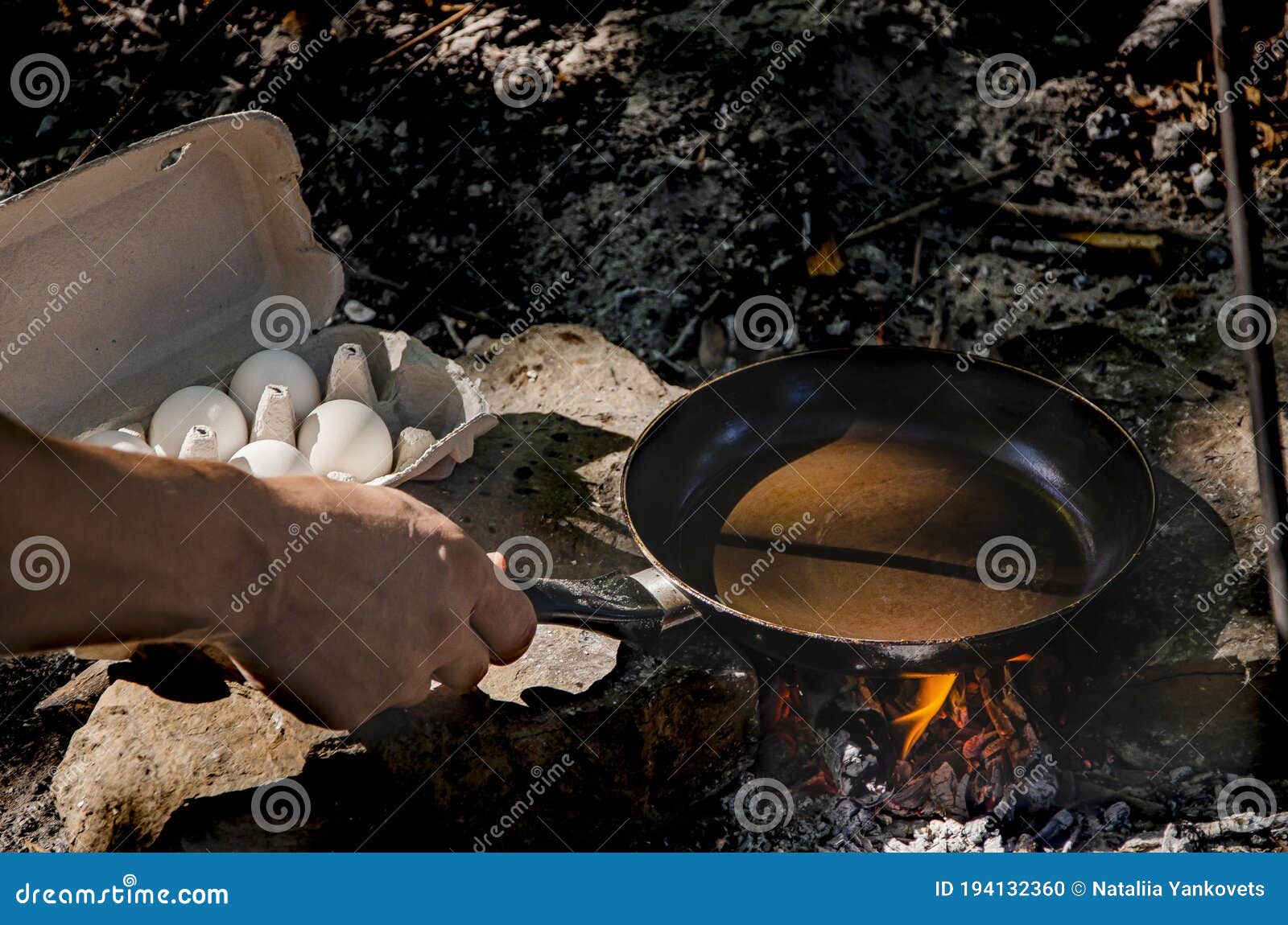 Men`s Hands Prepare Breakfast in a Hike on a Fire Stock Photo - Image ...