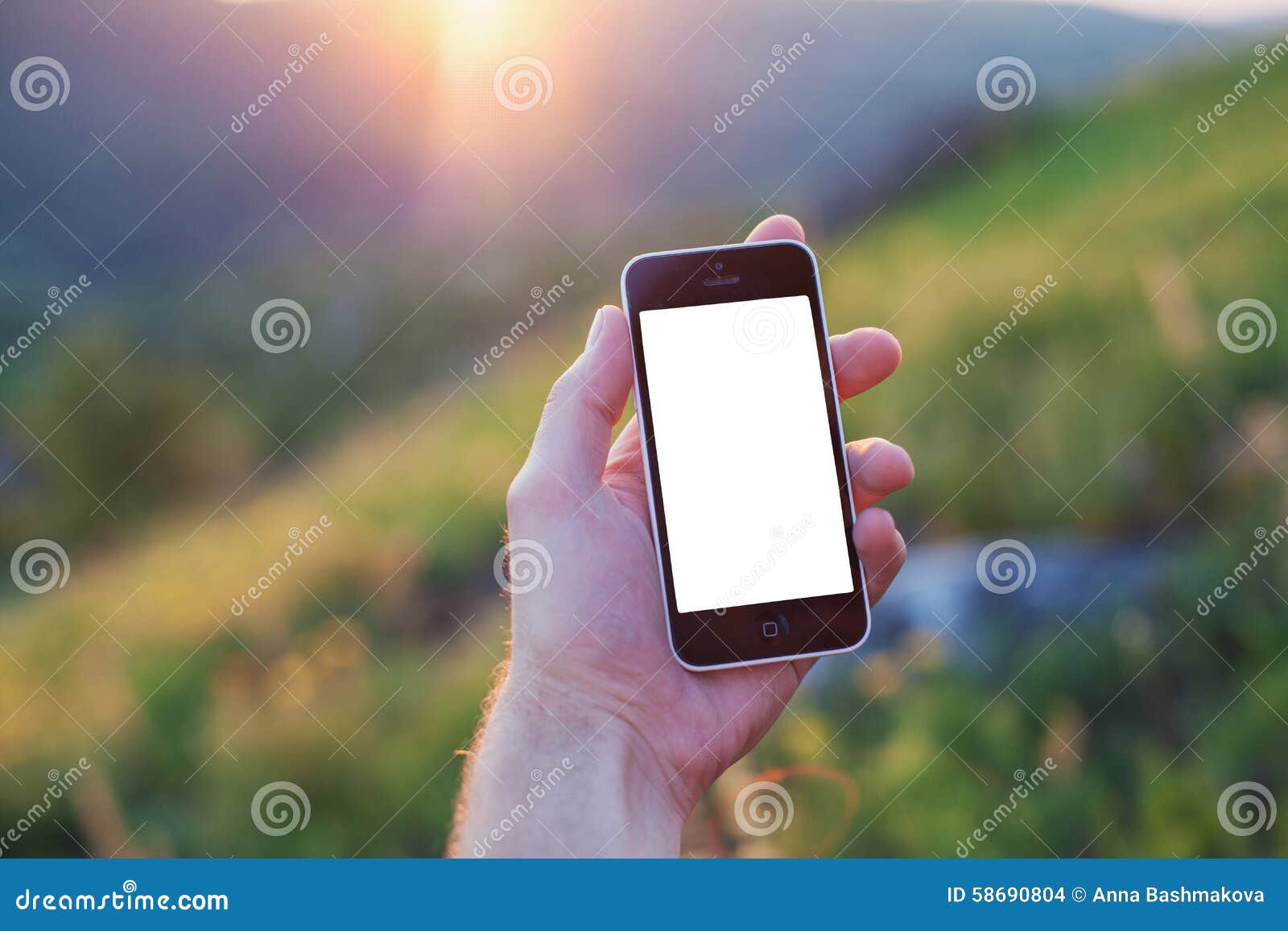Men S Left Hand is Holding a Phone with the White Screen Stock Photo ...