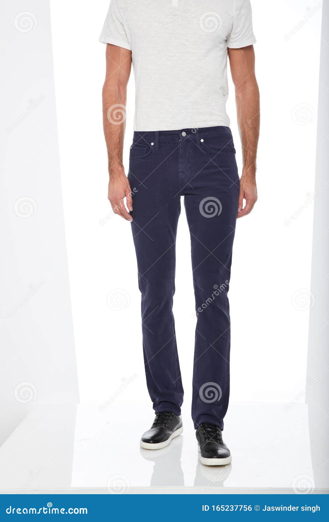 Men`s Regular Stretchable Dark Blue Slim Fit Jeans with White ...