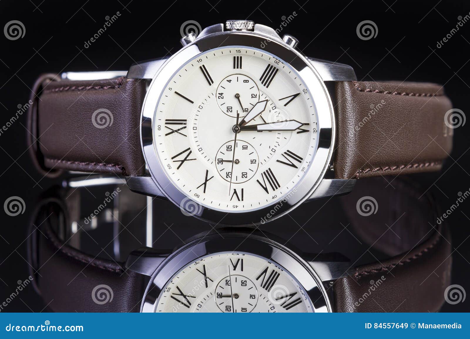 Men`s Watch with Brown Leather Band Stock Image - Image of chrome ...