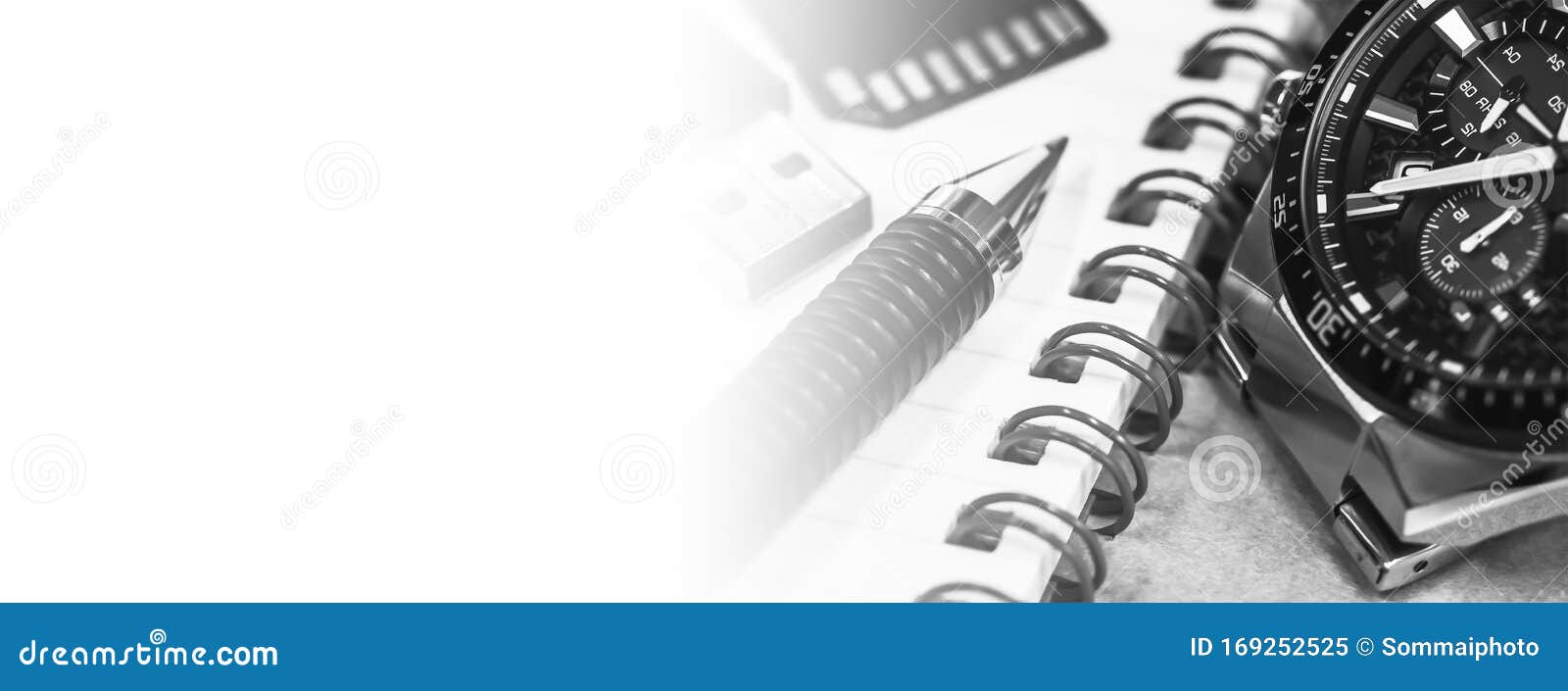 Men`s Watch, Notepad, Pen, Memory Stick and Memory Card on Table Stock ...