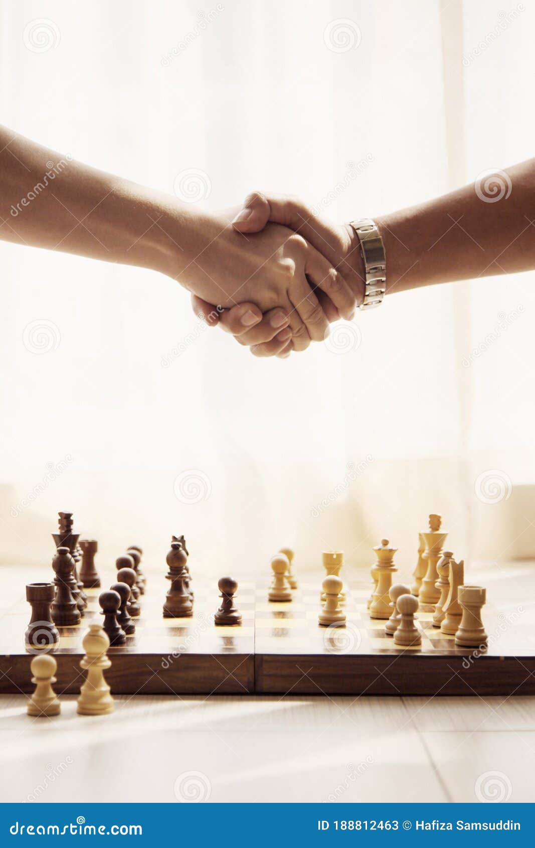 Men Shaking Hands Above a Chess Game Set. Conceptual Image Stock Image ...