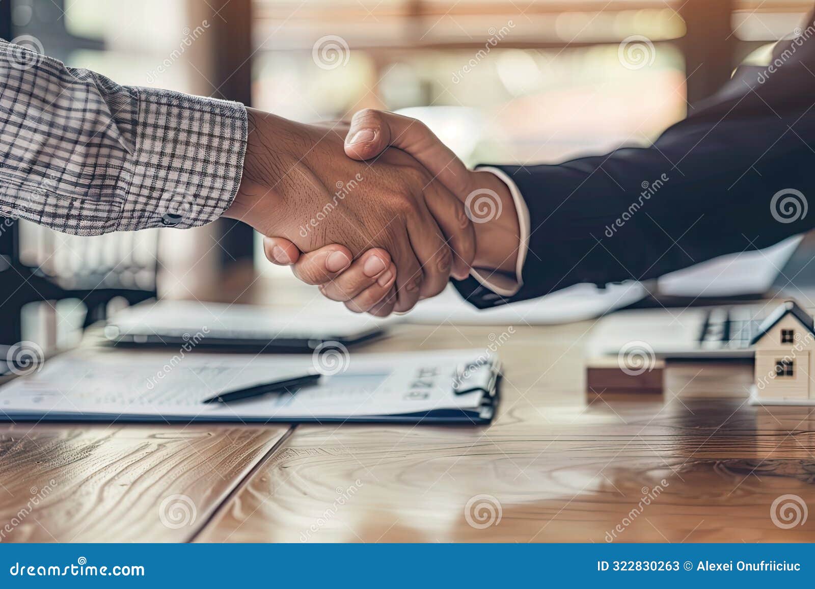 Men Shaking Hands Over Table with Model House in the Background Stock ...