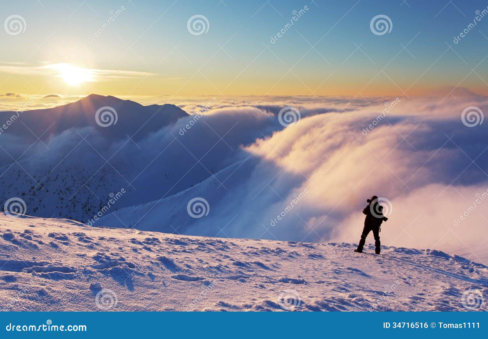 Men Silhouette Over Clouds in Winter Mountain Stock Photo - Image of ...