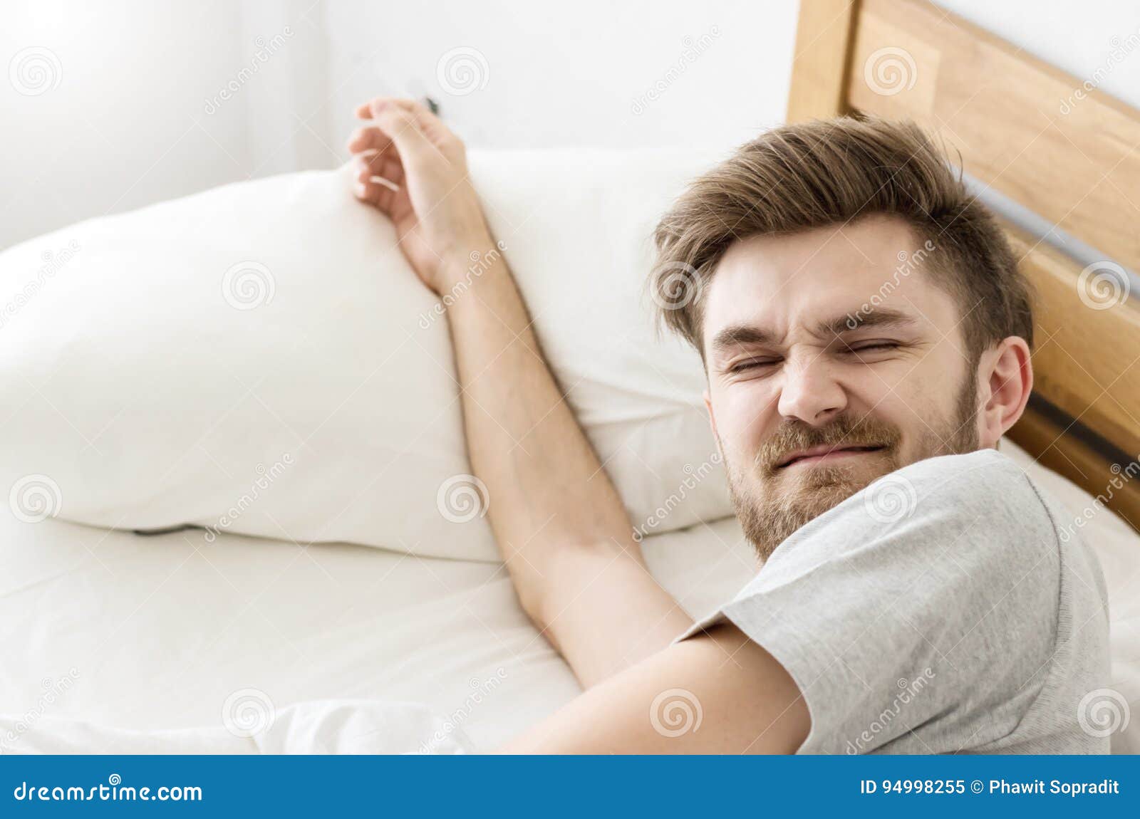 Men sleep on bed stock image. Image of late, pressure - 94998255