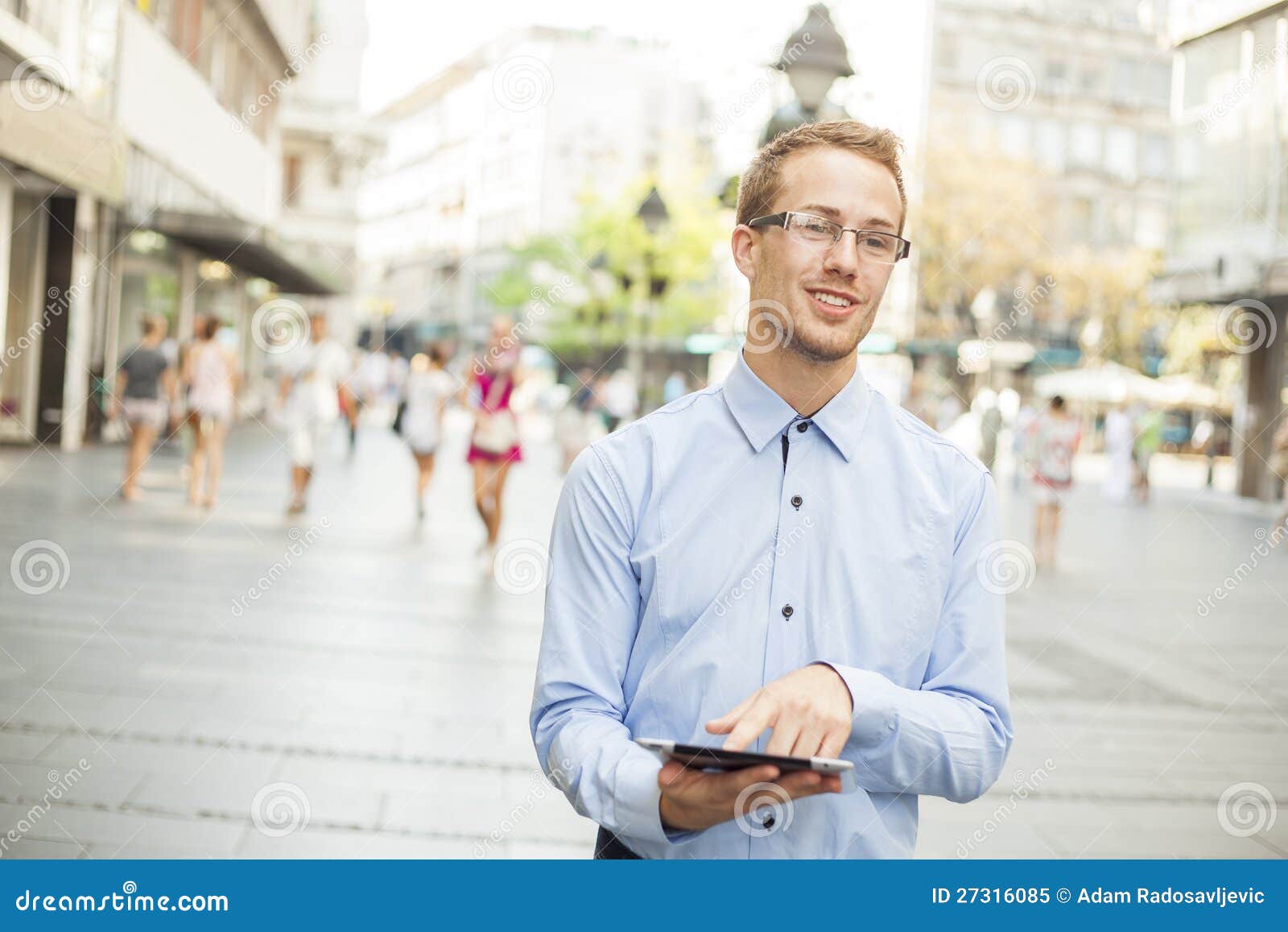 Men with Tablet on Street Walking Stock Image - Image of netbook ...