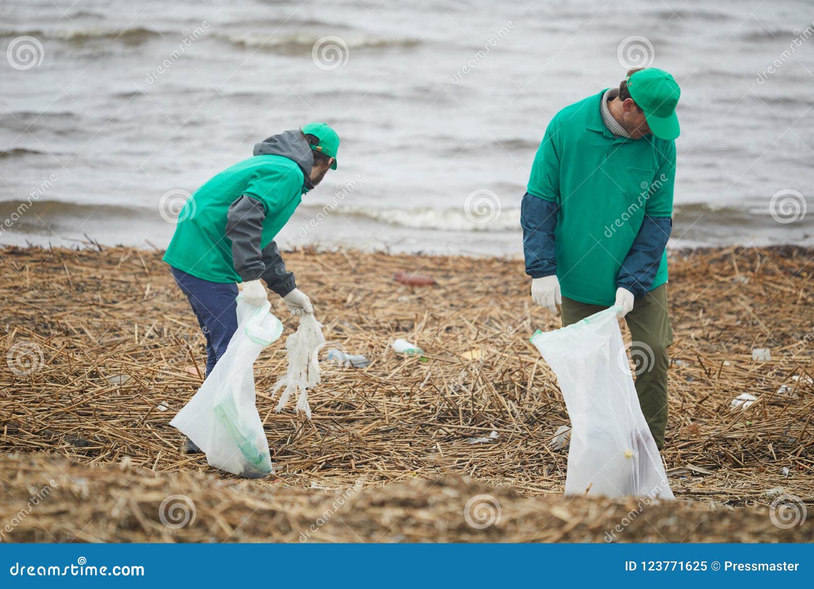 Men Taking Rubbish on Coast Stock Image - Image of green, junk: 123771625