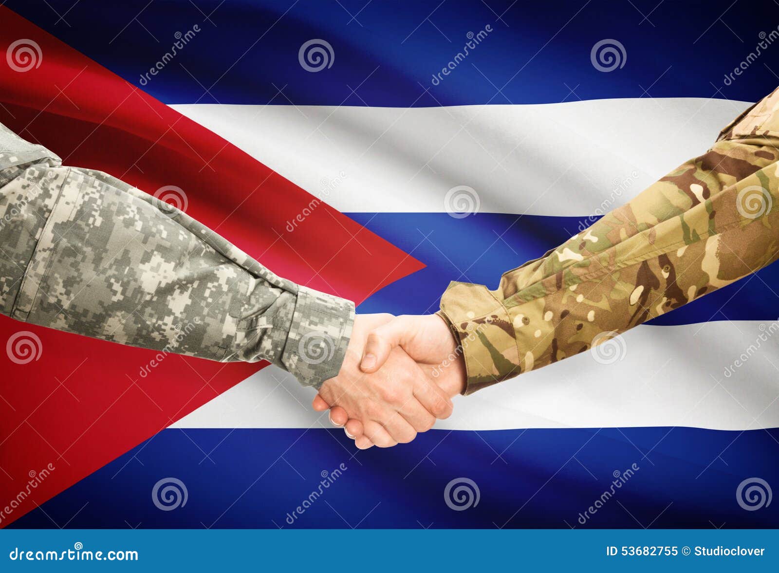 Men in Uniform Shaking Hands with Flag on Background - Cuba Stock Image ...