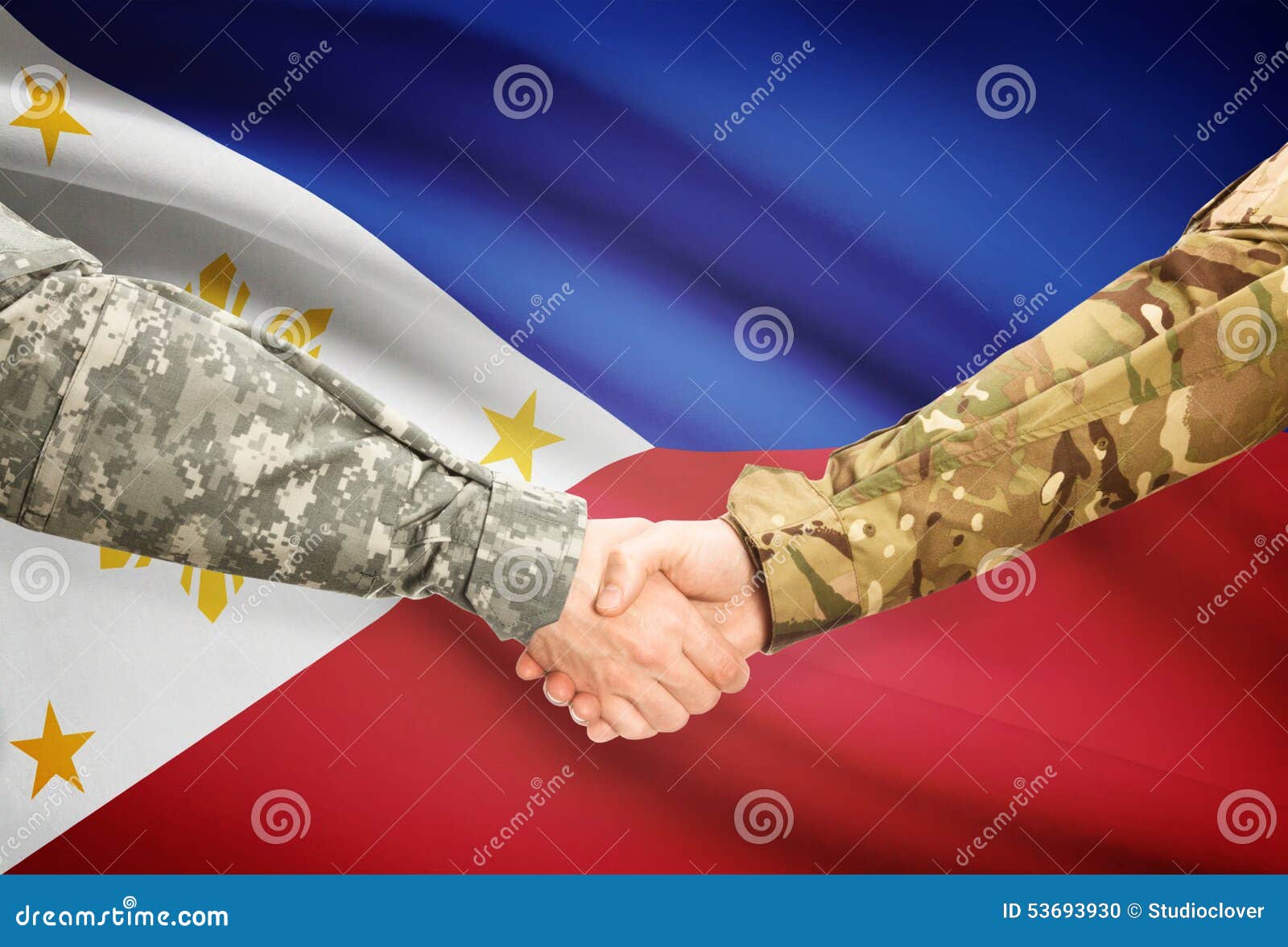 Men In Uniform Shaking Hands With Flag On Background - Philippines ...