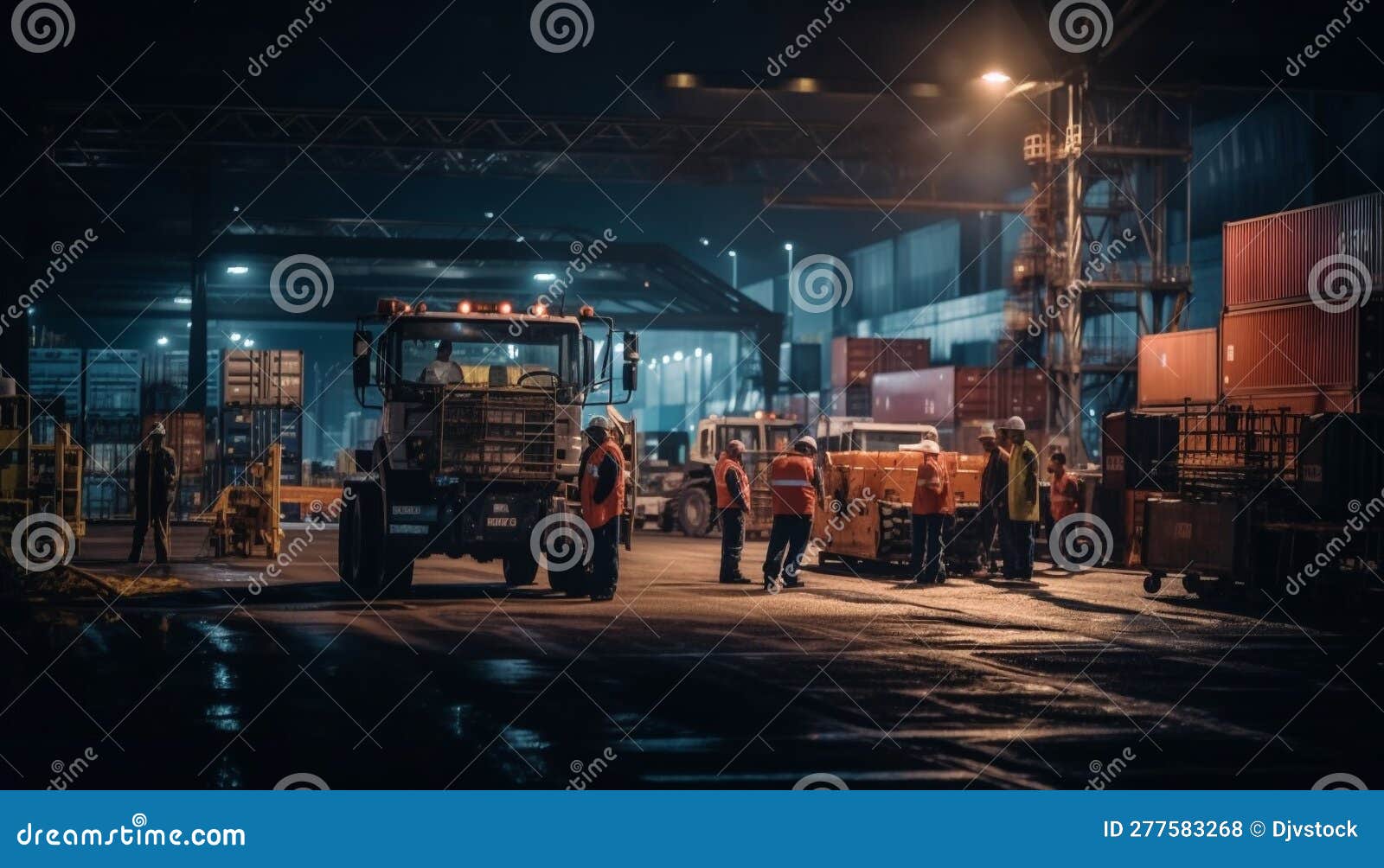 Men Unloading Cargo Containers from Forklift at Busy Distribution ...