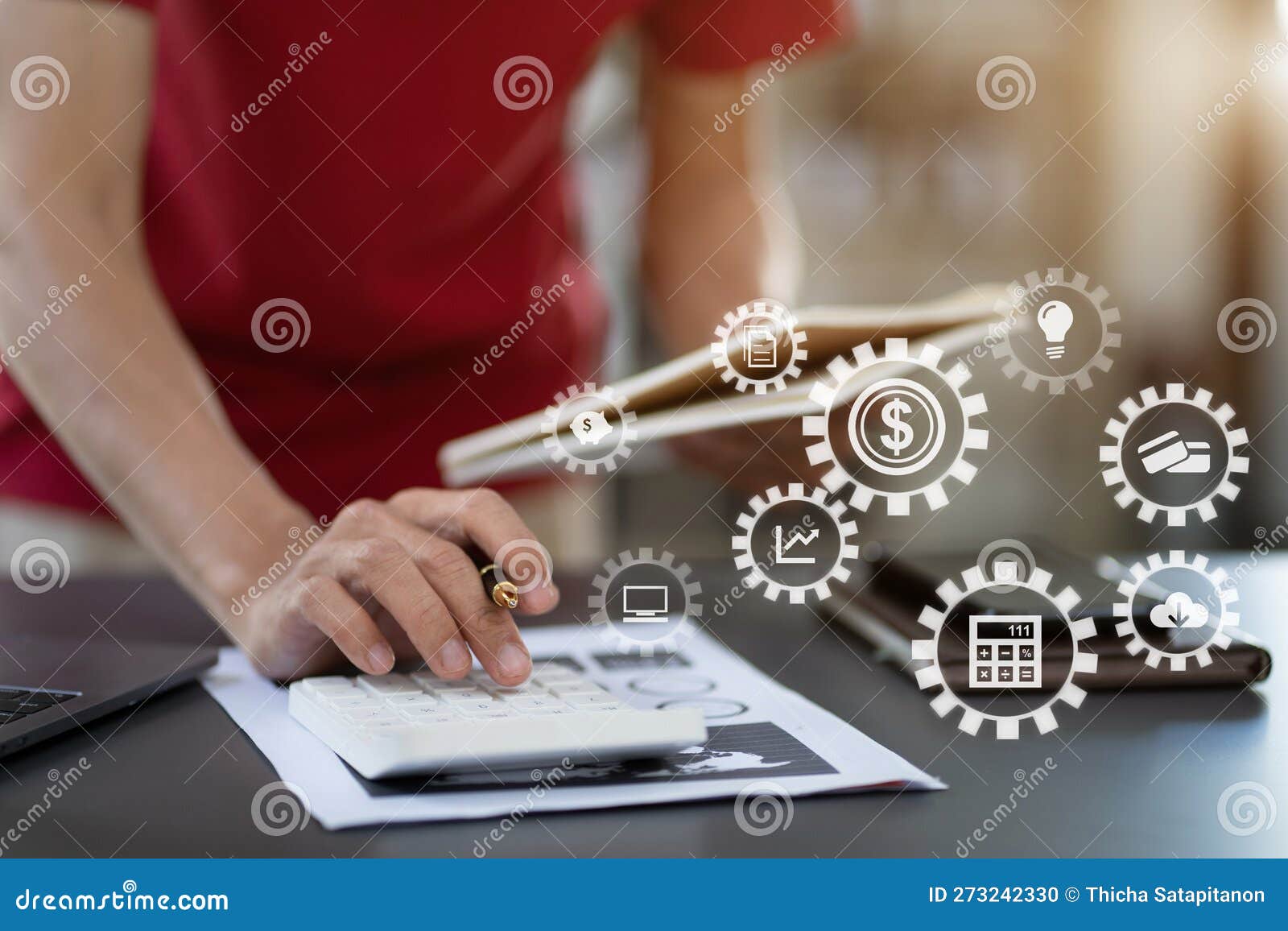 Men Use the Calculator and Take Notes with Calculations about the ...